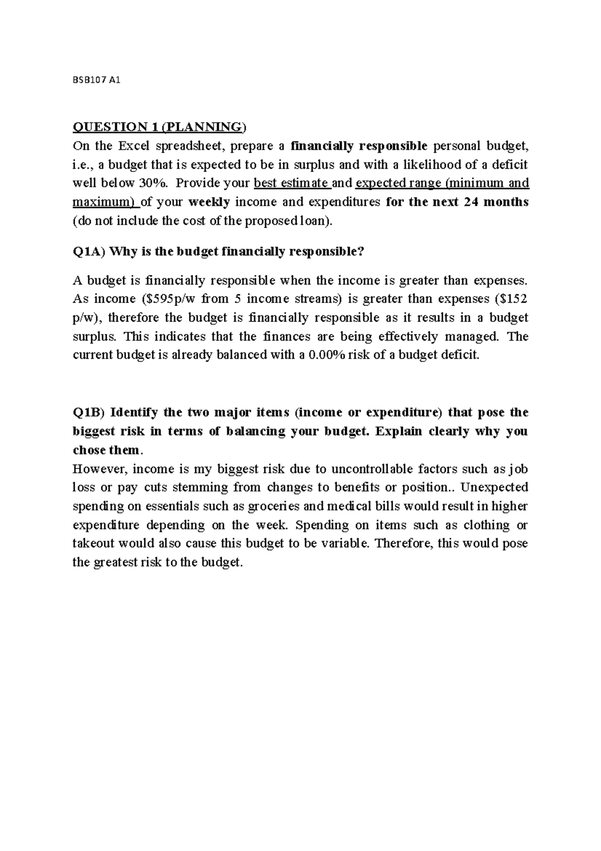 BSB107 A1 - BSB107 A QUESTION 1 (PLANNING) On the Excel spreadsheet, prepare a financially - Studocu