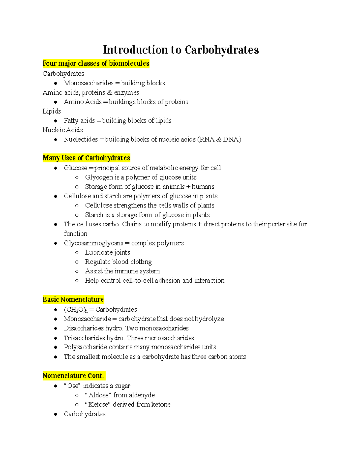 Introduction to Carbohydrates-2 - Introduction to Carbohydrates Four ...