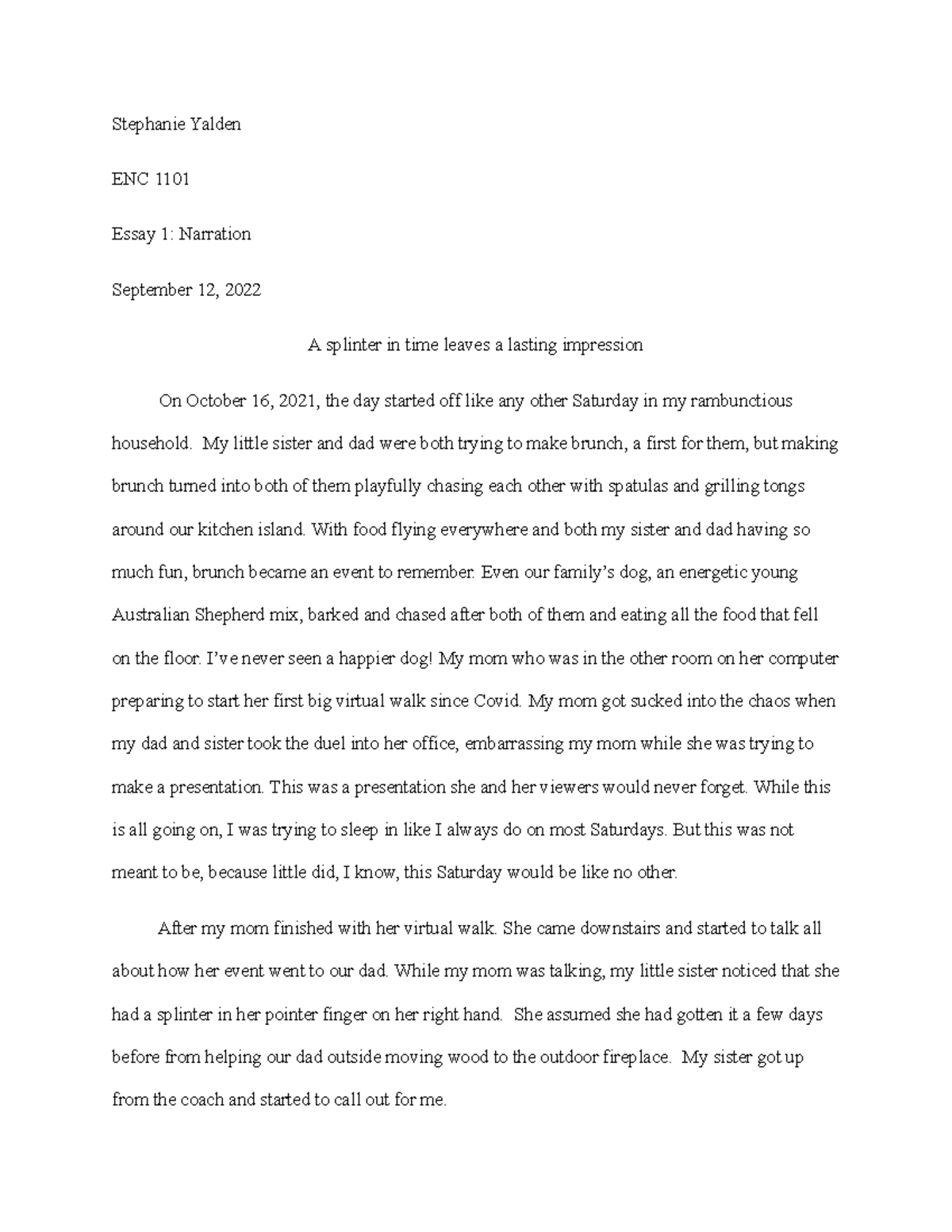 Narrative Essay Final - Stephanie Yalden ENC 1101 Essay 1: Narration ...