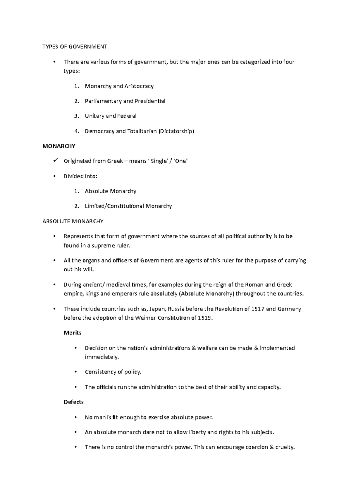 Lecture Notes 2 - 1. TYPES OF GOVERNMENT - MONARCHY & ARISTOCRACY ...
