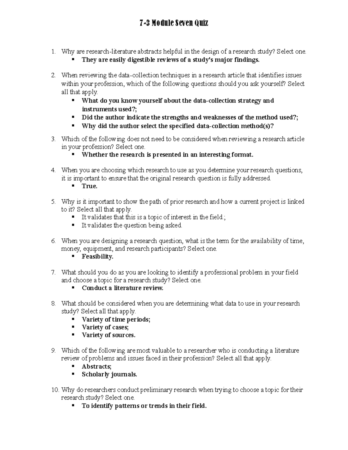 7-3 Module Seven Quiz - 7 - 3 Module Seven Quiz Why are research ...