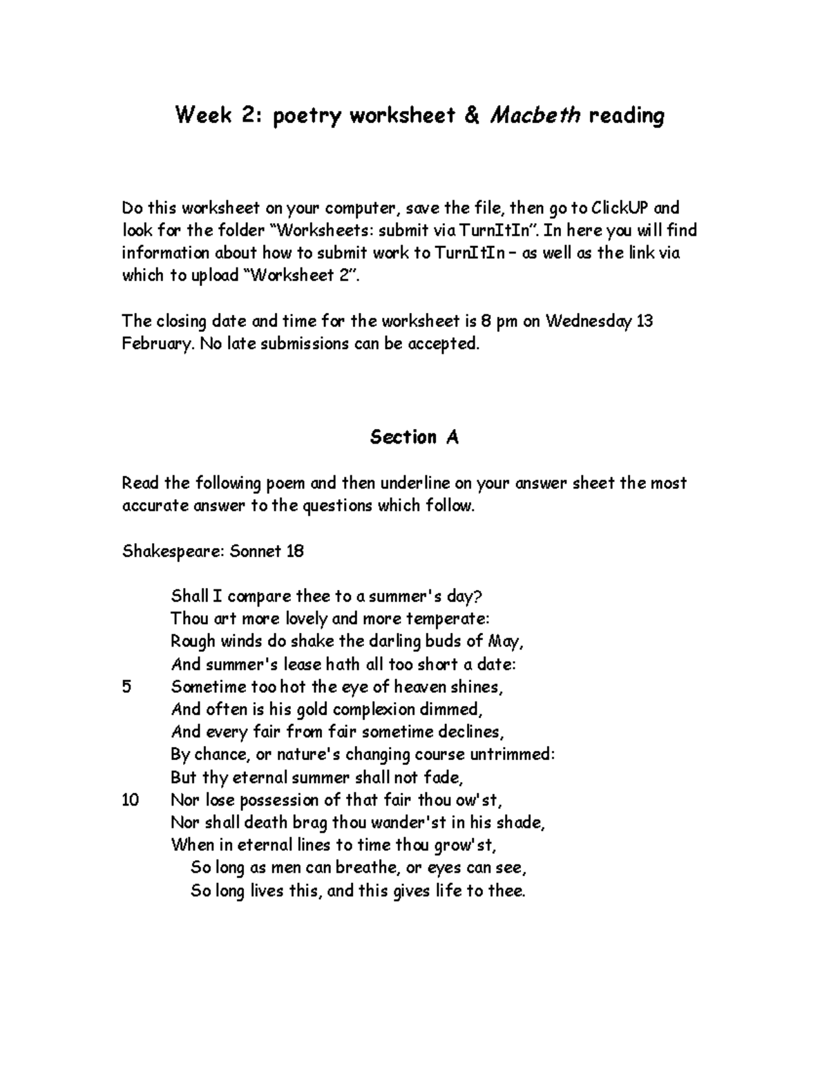ENG110 - Week 2 worksheet - Macbeth questions - Week 2: poetry ...