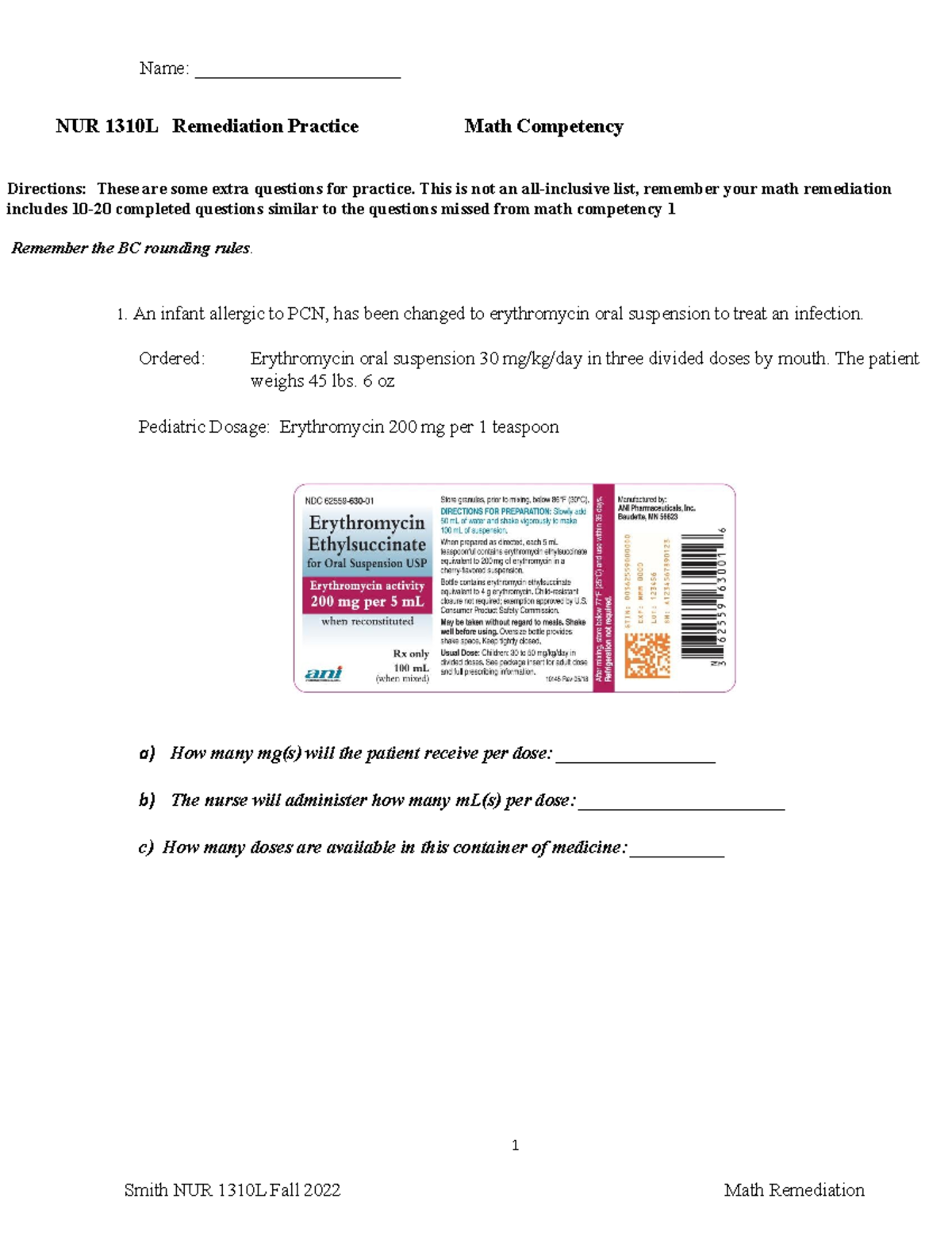 Math Remediation Fall 2022 Session II student - NUR 1310L Remediation ...