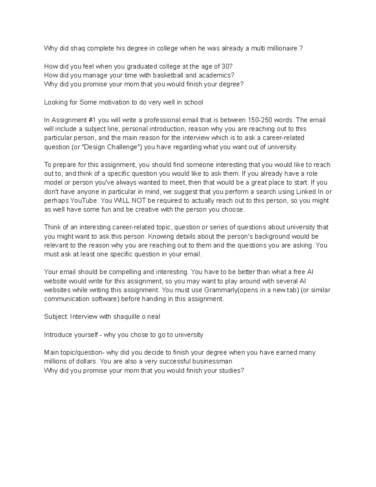 Assessment #1 (1) - writing a professional email - Why did shaq ...