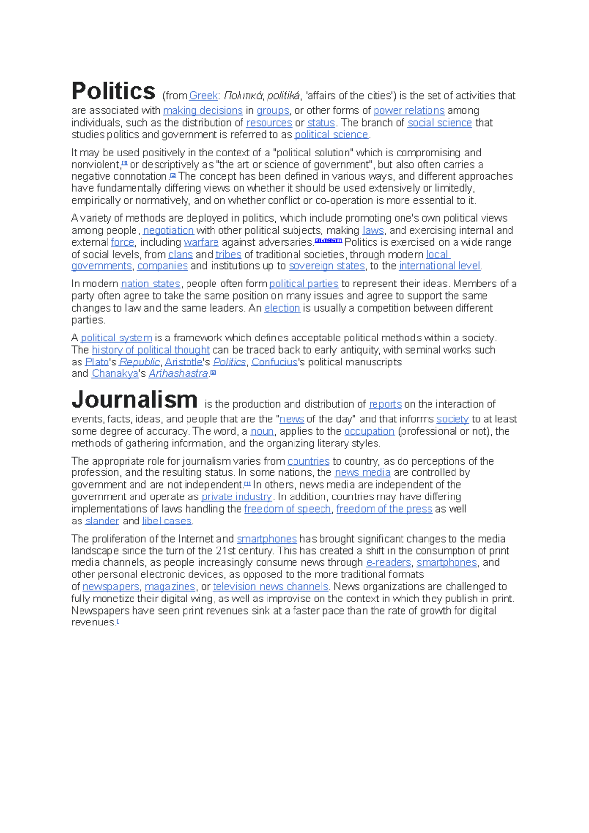 Politics And Journalism - Politics (from Greek: Πολιτικά, politiká ...