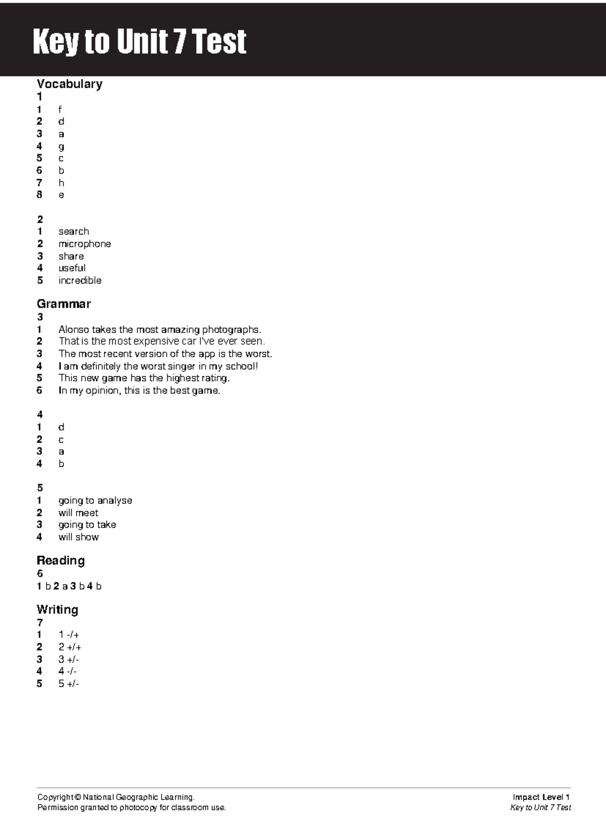 Impact level 1 unit 7 test test key 0 - Copyright © National Geographic ...