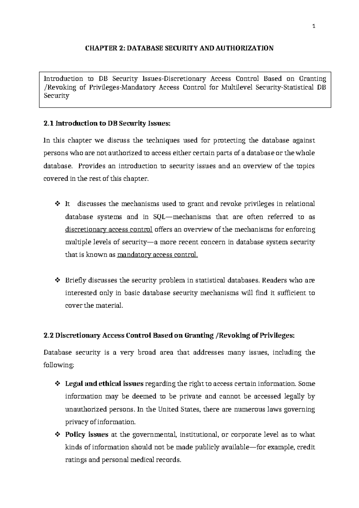 Chapter-2 ADB - helolo - CHAPTER 2: DATABASE SECURITY AND AUTHORIZATION 2 Introduction to DB ...