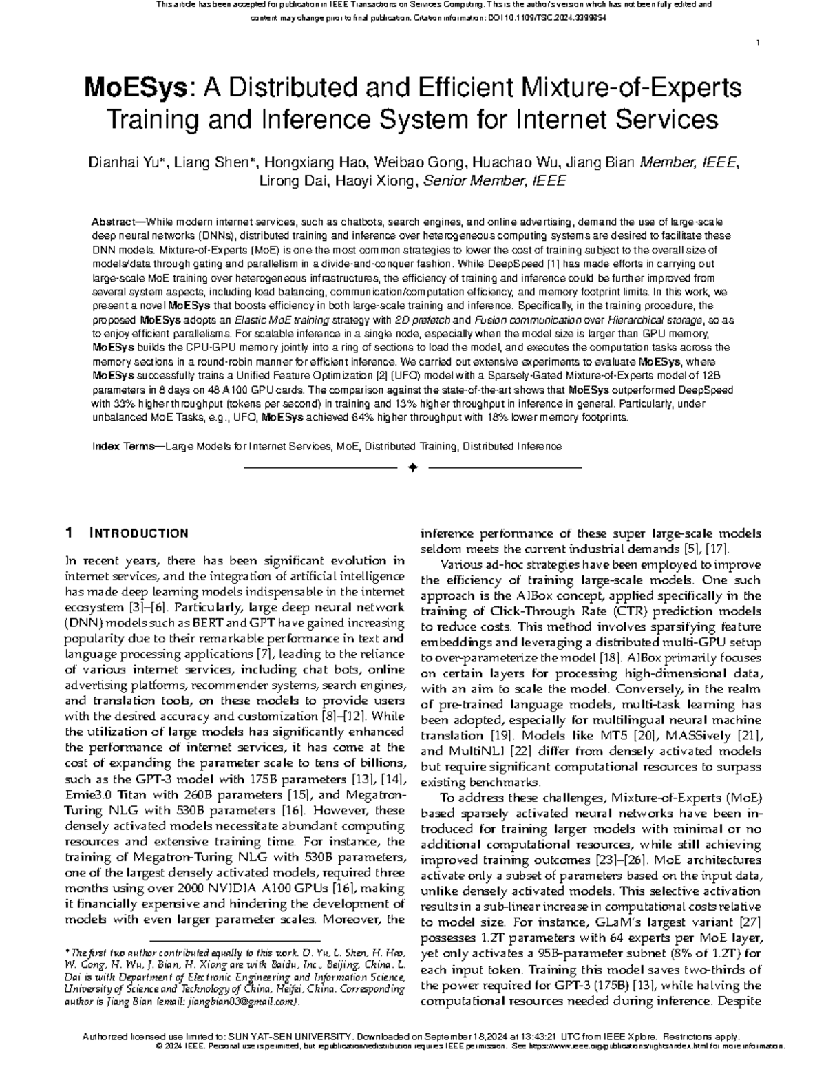 TSC 2024 Mo ESys A Distributed and Efficient Mixture-of-Experts Training and Inference System ...