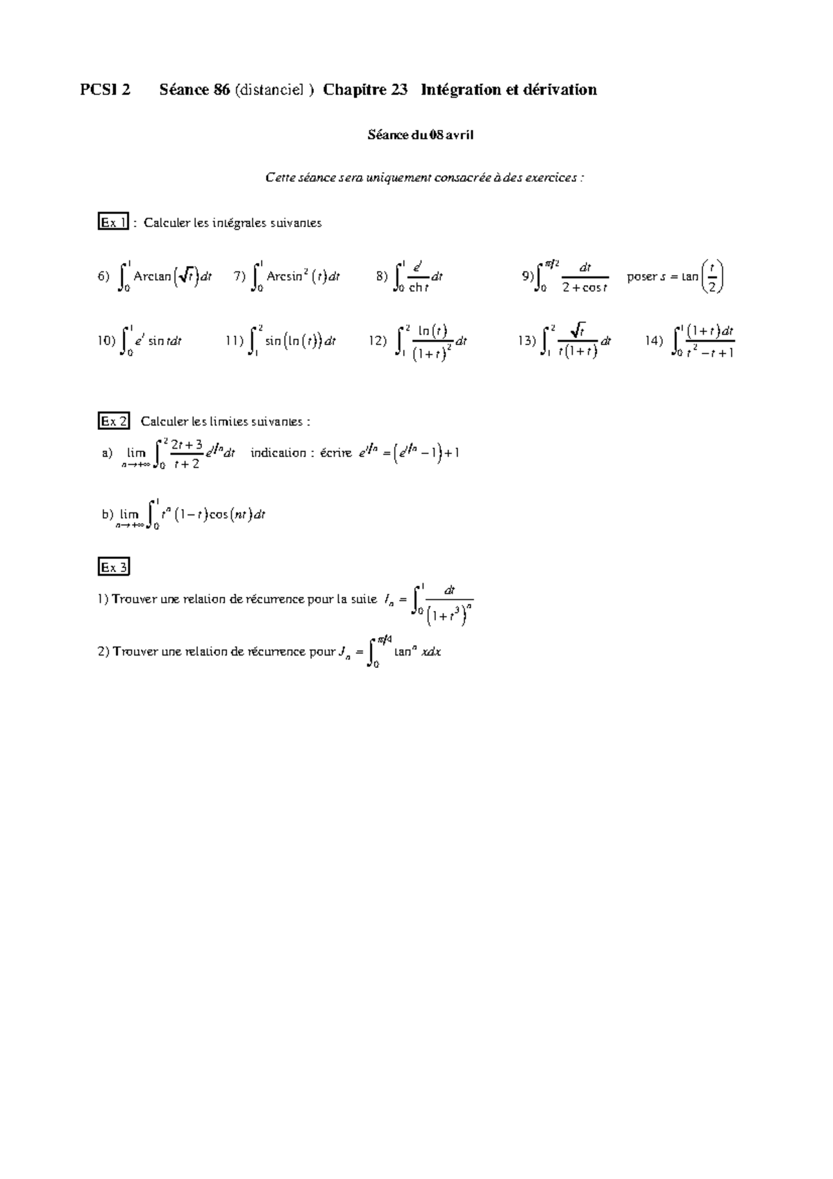 Calcul d'intégral/Exercices - PCSI 2 Séance 86 (distanciel ) Chapitre ...