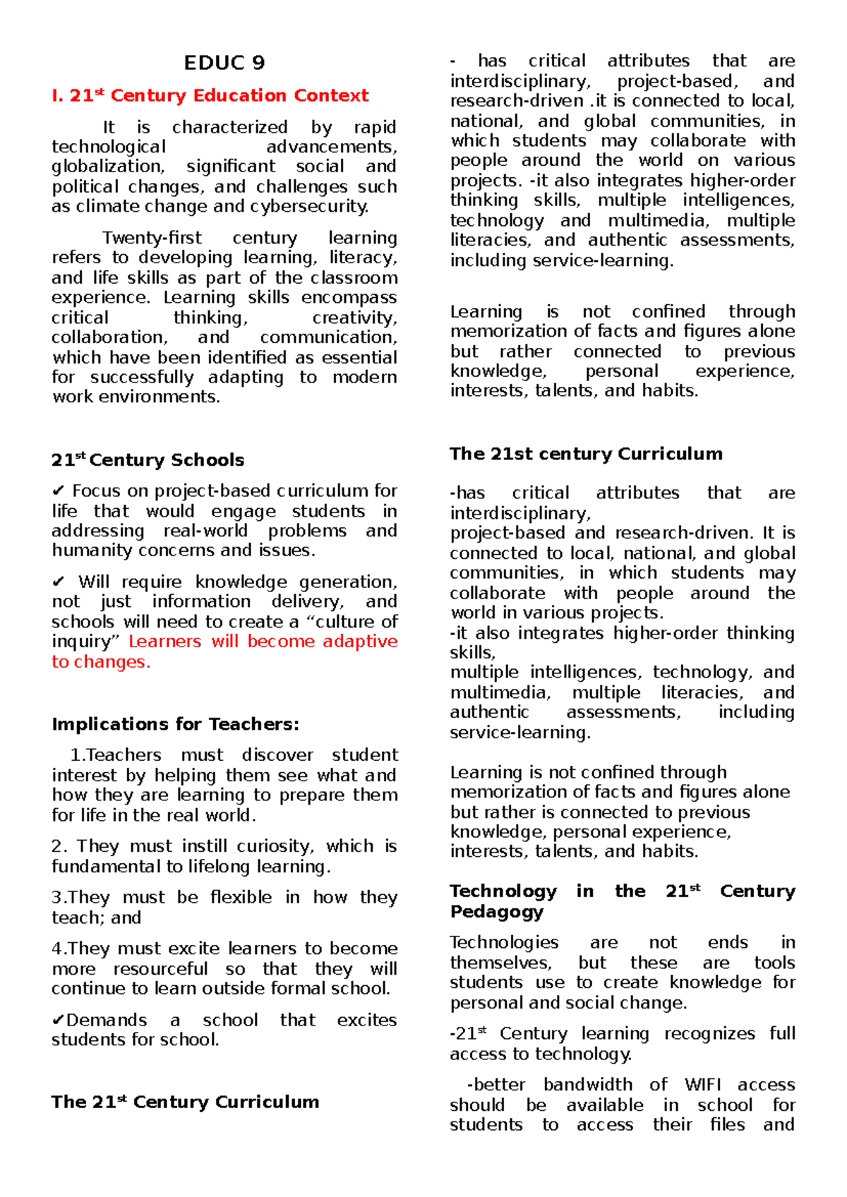 EDUC 9- reviewer - Literacies - EDUC 9 I. 21st Century Education ...