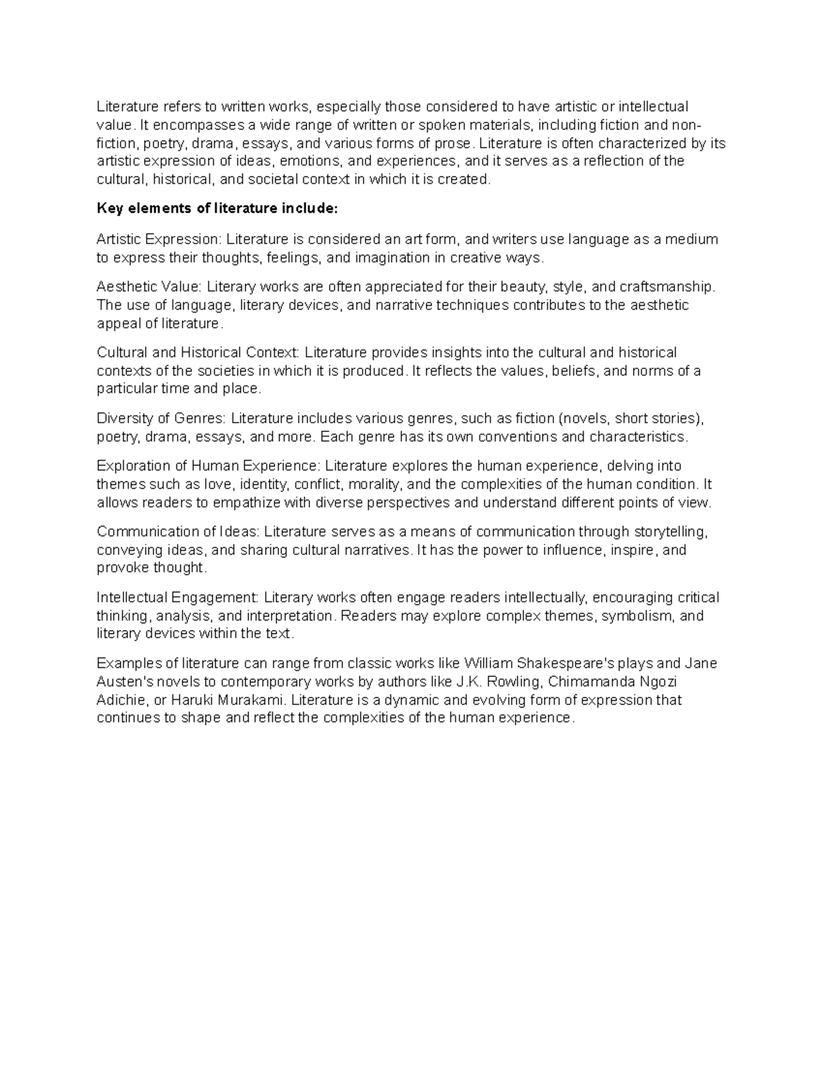 Literal - about literature - Literature refers to written works ...