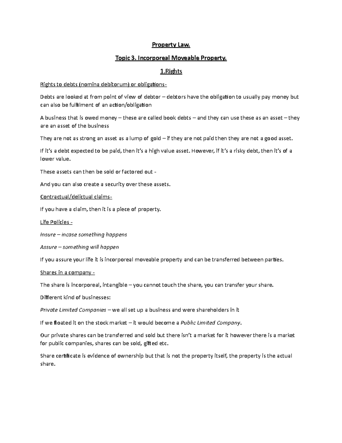 Property Lec 3 - Incorporeal Moveable Property - Property Law. Topic 3 ...