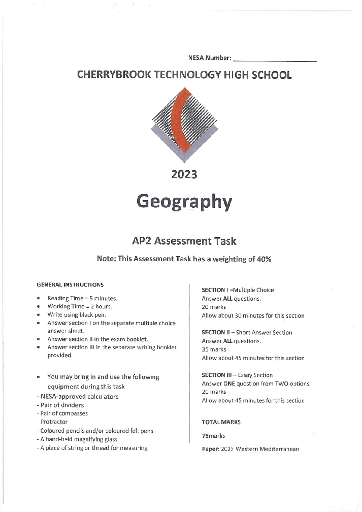 AP2 Skills Task 2023 - kml; - NESA Number: CHERRYBROOK TECHNOLOGY HIGH ...