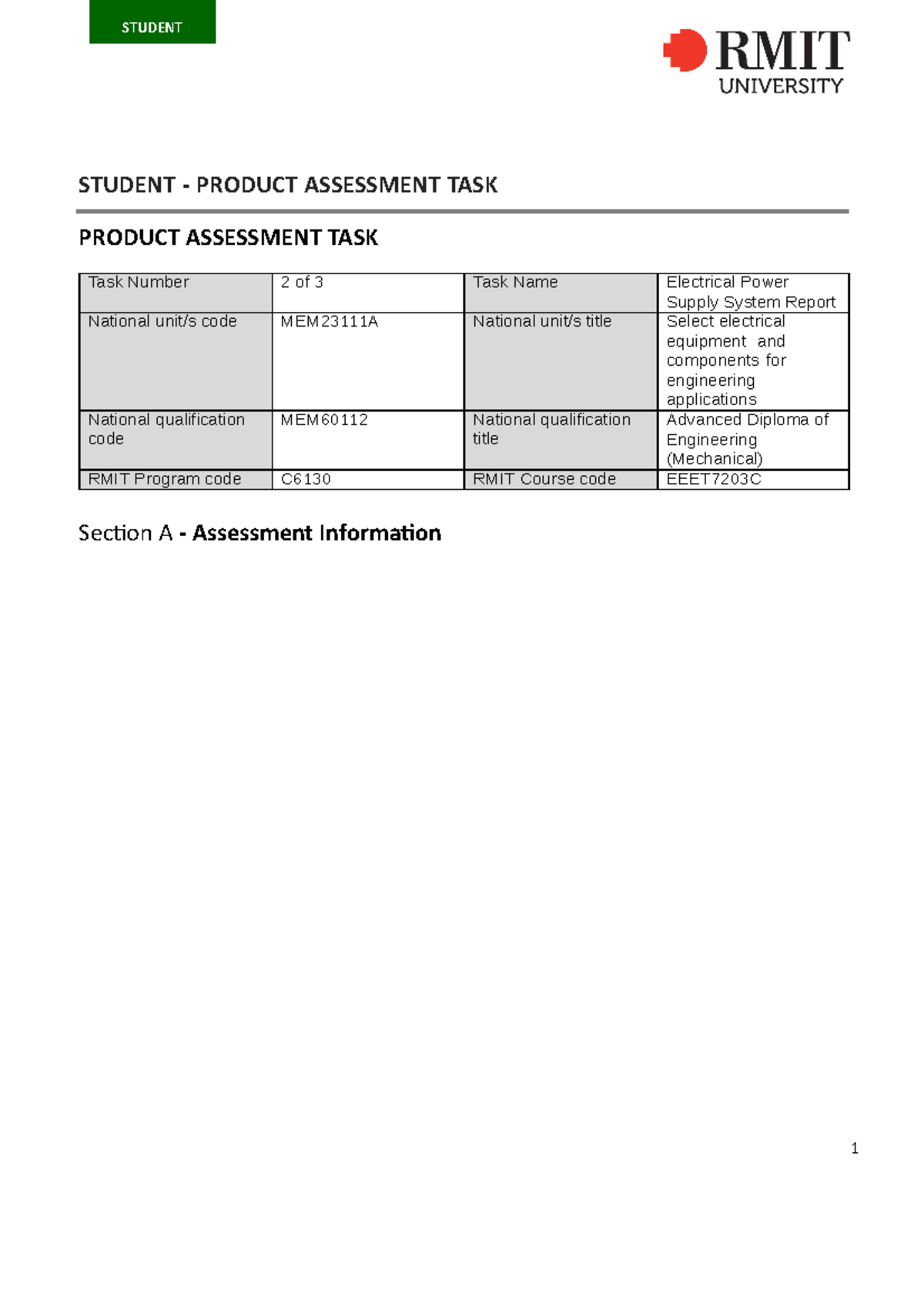 Power - aaasf - STUDENT - PRODUCT ASSESSMENT TASK PRODUCT ASSESSMENT TASK Task Number 2 of 3 ...