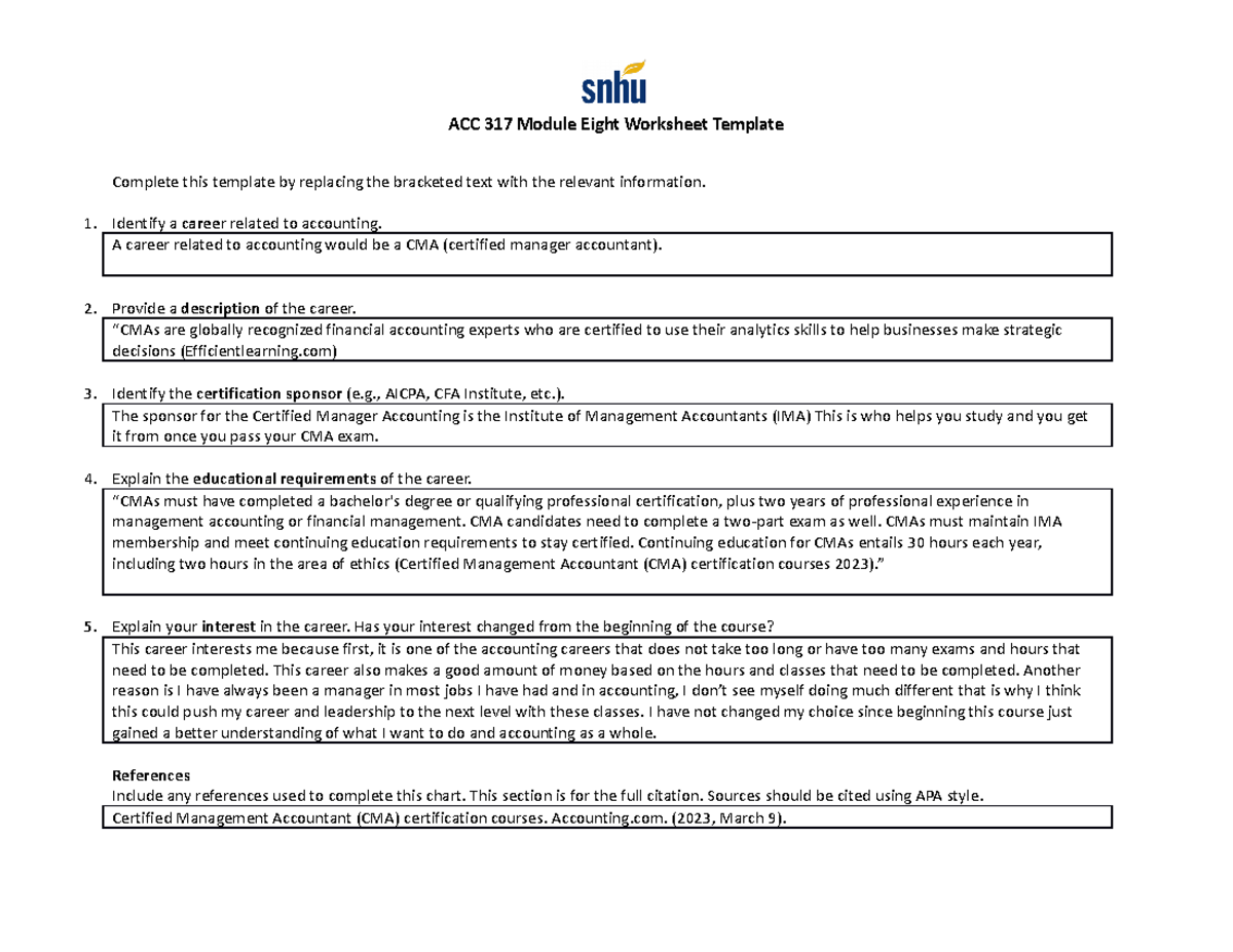 ACC 317 Module Eight Worksheet Template - ACC 317 Module Eight ...