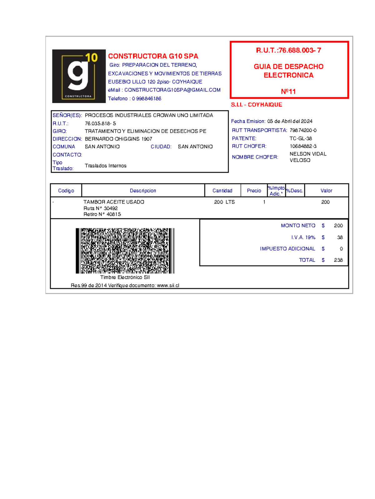 GD 11 Traslado VIA Limpia - CONSTRUCTORA G10 SPA Giro: PREPARACION DEL TERRENO, EXCAVACIONES Y ...