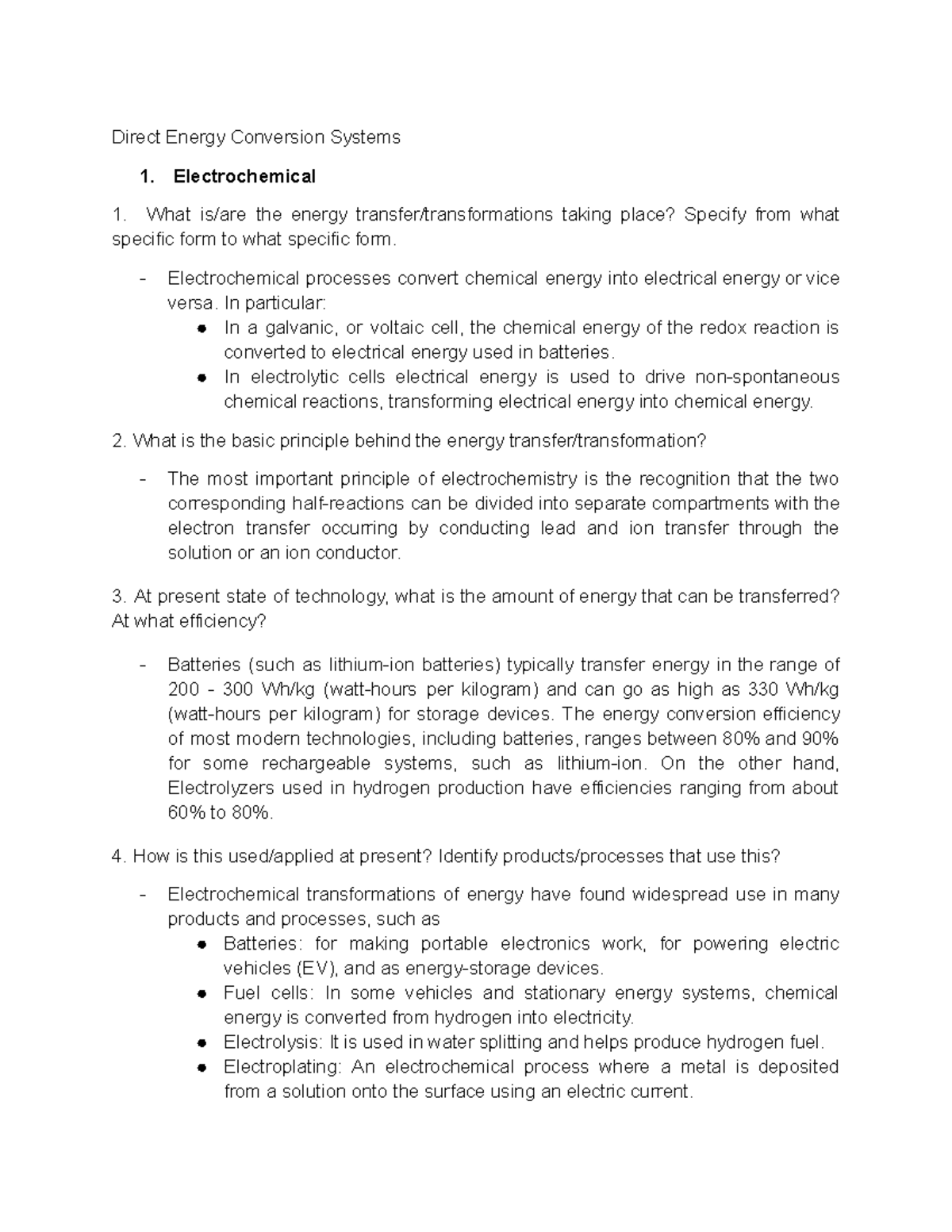 Direct Energy Conversions - Electrochemical What is/are the energy ...
