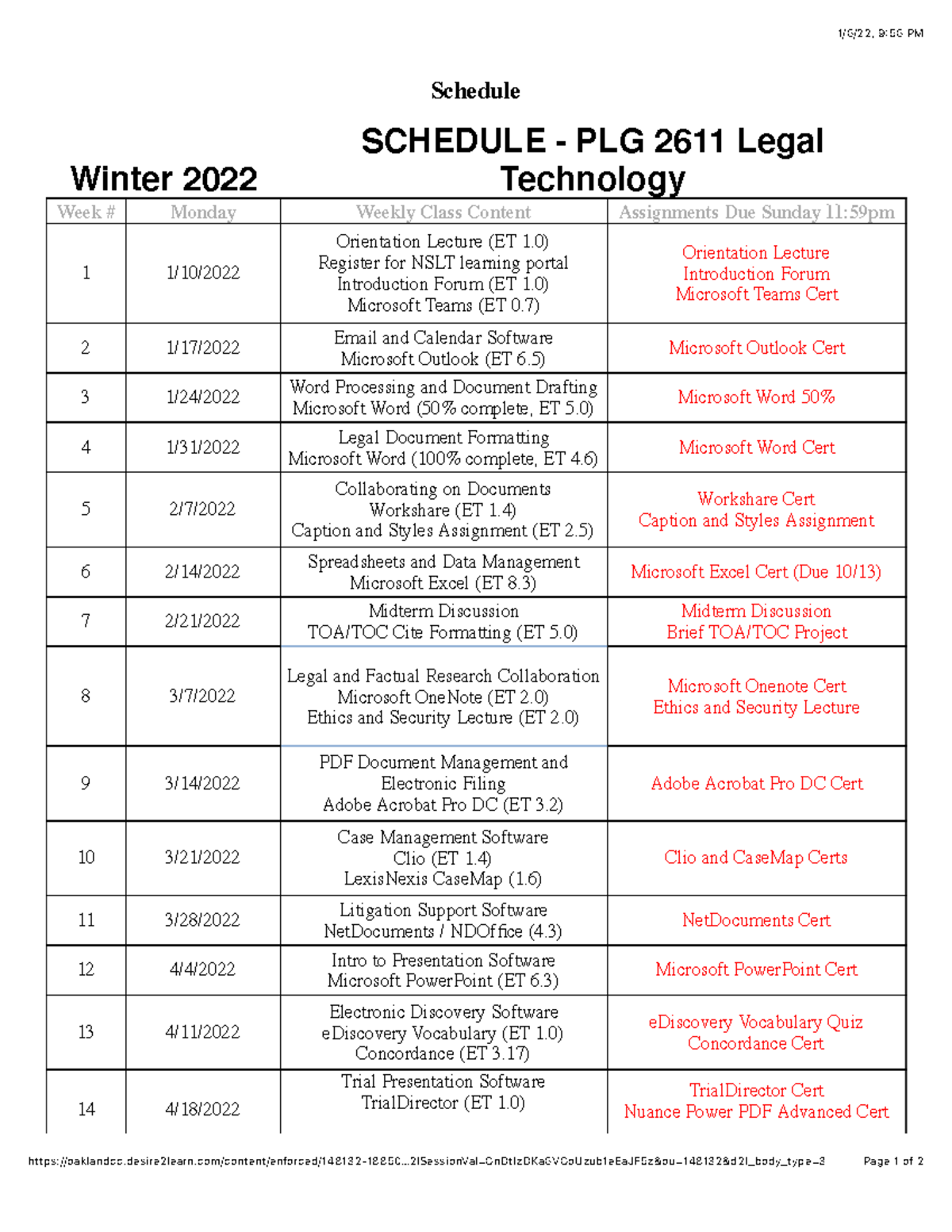 Course Schedule - Legal Technology - 2022WI-PLG-2611-O1531-170290 - 1/6/22, 9:56 PM - Studocu