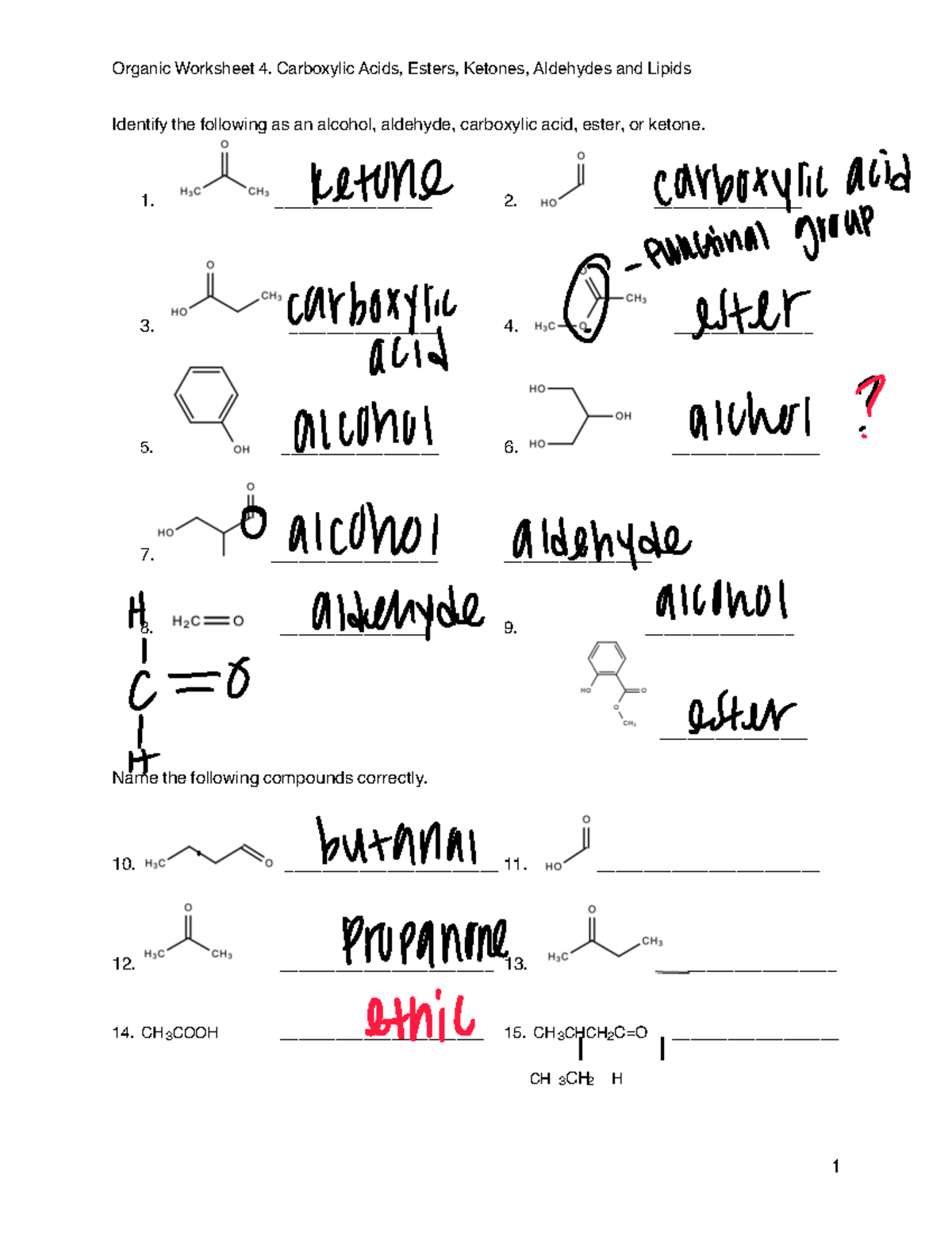 Organic Worksheet 4- Aldhydes, Ketones, and Carboxylic Acids - Organic Worksheet 4. Carboxylic ...