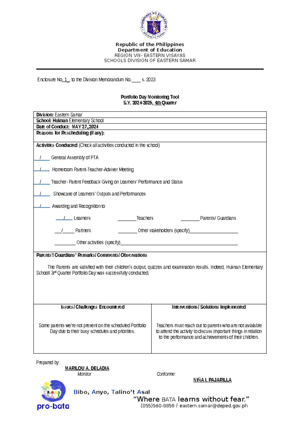 Huknan-ES 4th- Grading- Portfolio-DAY 2024-2025 - Bibo, Anyo, Talino’t ...