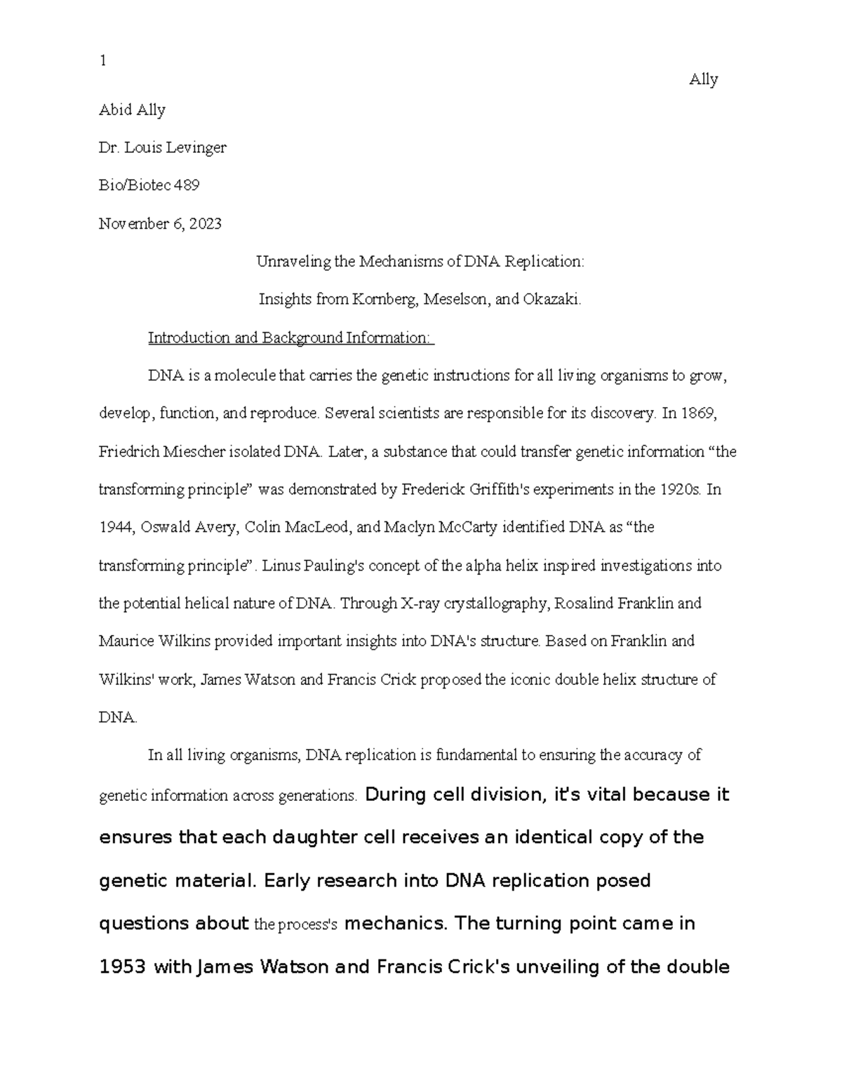 DNA replication - A weekly report on the topic. A grade paper. Good ...