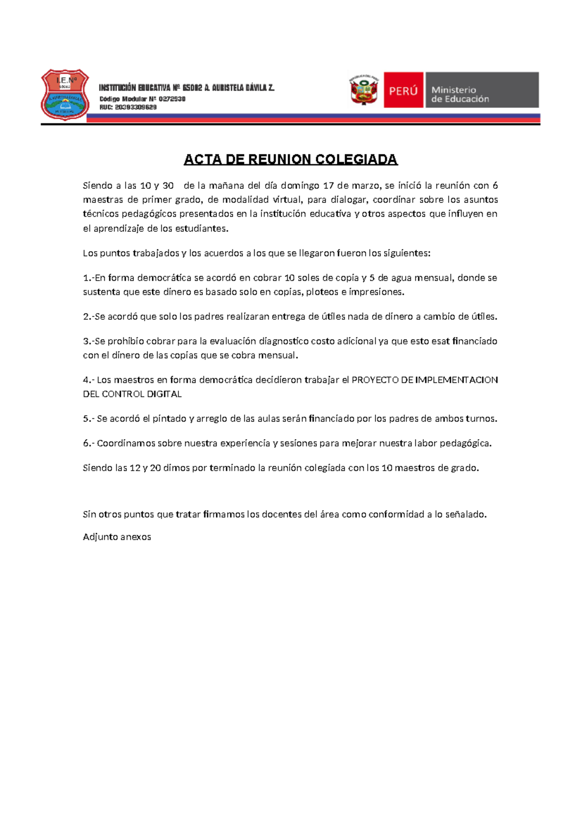 ACTA DE Reunion Colegiada AADZ - ACTA DE REUNION COLEGIADA Siendo a las ...