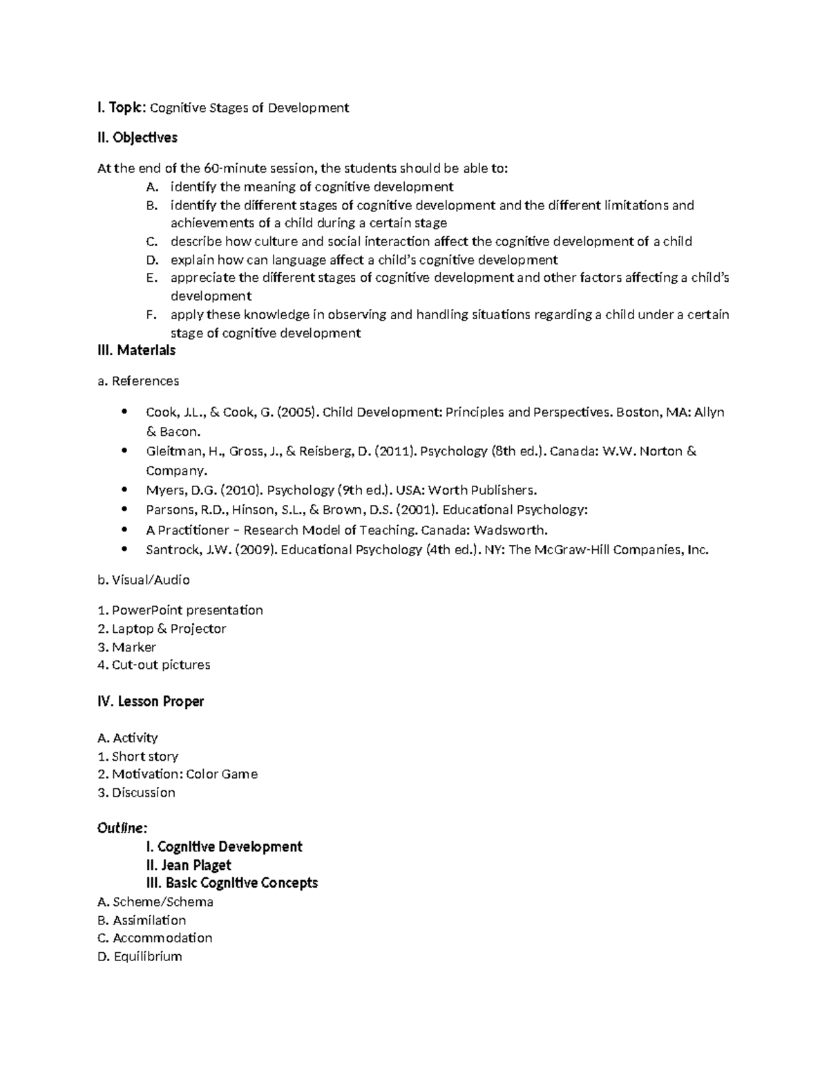 SEMI Detailed Lesson PLAN Tumog - I. Topic: Cognitive Stages of ...