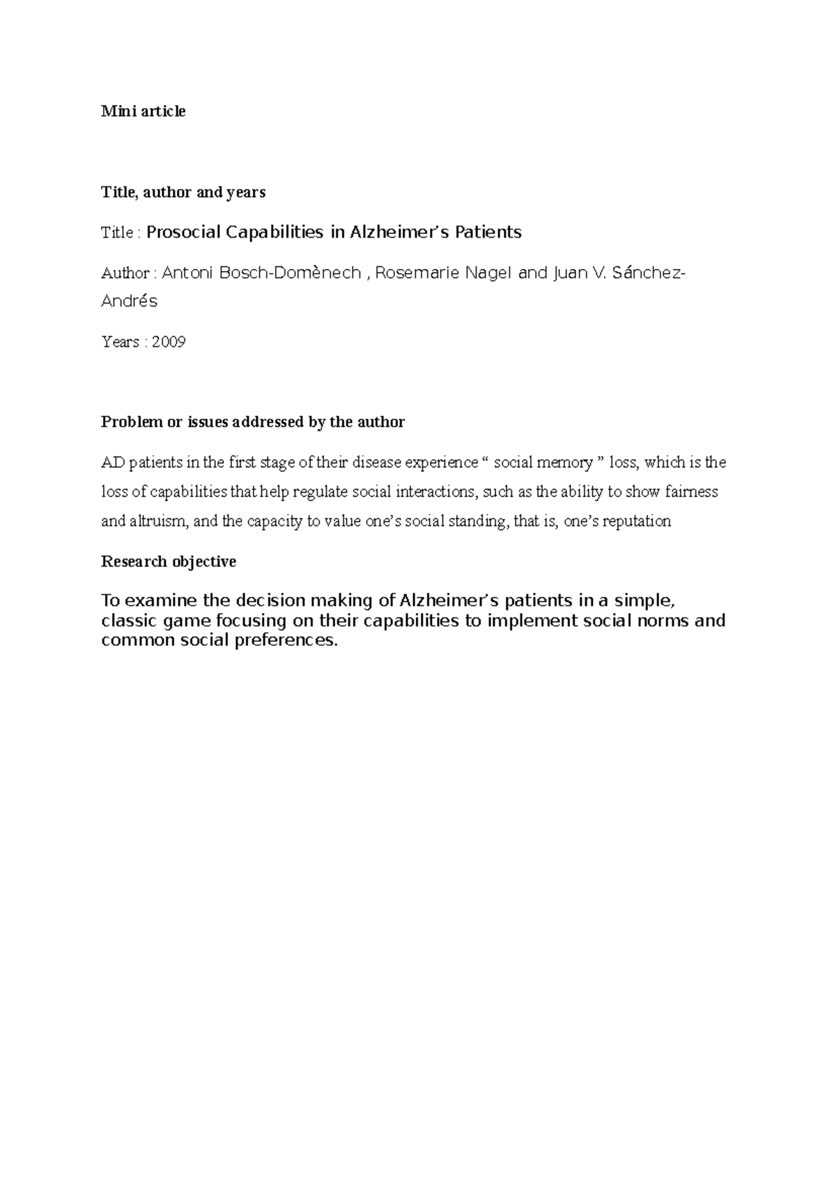 Mini article alzheimer - Mini article Title, author and years Title ...