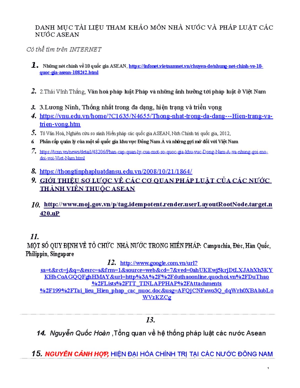 Danh muc tai liêu môn NNPL Asean , 20,9,2022, 1 - DANH MỤC TÀI LIỆU THAM KHẢO MÔN NHÀ NƯỚC VÀ ...
