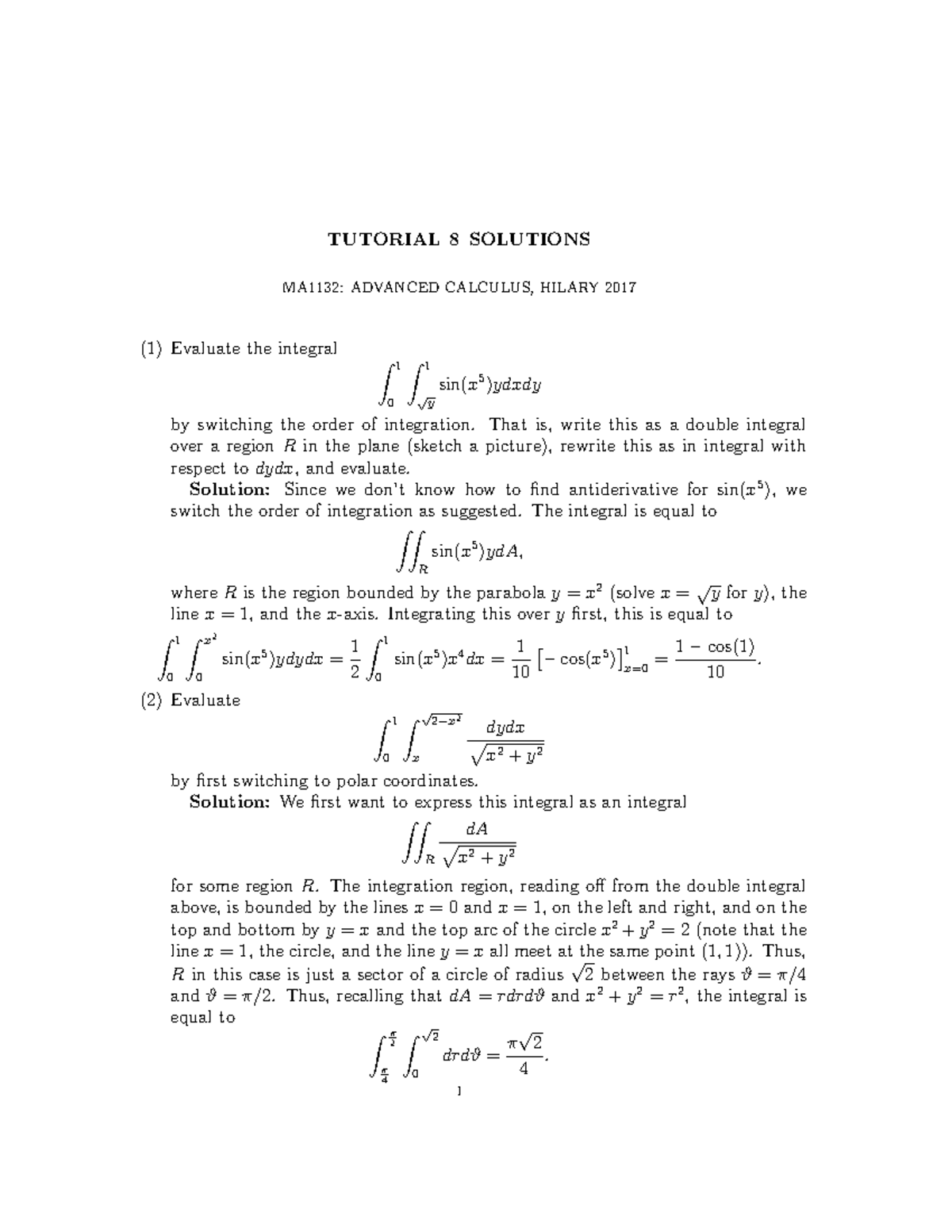 ACT8S - MAT1132 - TUTORIAL 8 SOLUTIONS MA1132: ADVANCED CALCULUS ...