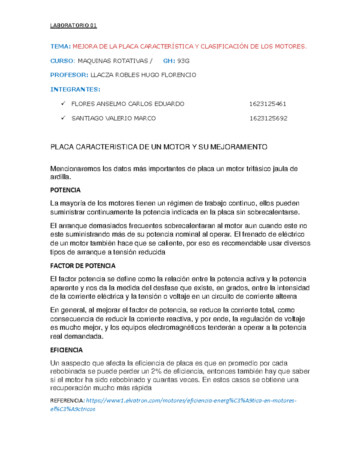 Trabajo 1 - Laboratorio Maquinas Rotativas - LABORATORIO 01 TEMA: MEJORA DE LA PLACA ...