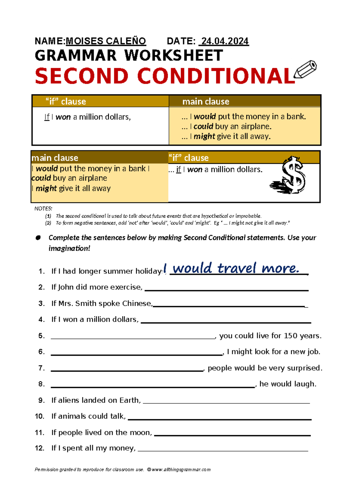 Second Conditional - _ _ _ _ __ __ Permission granted to reproduce for ...