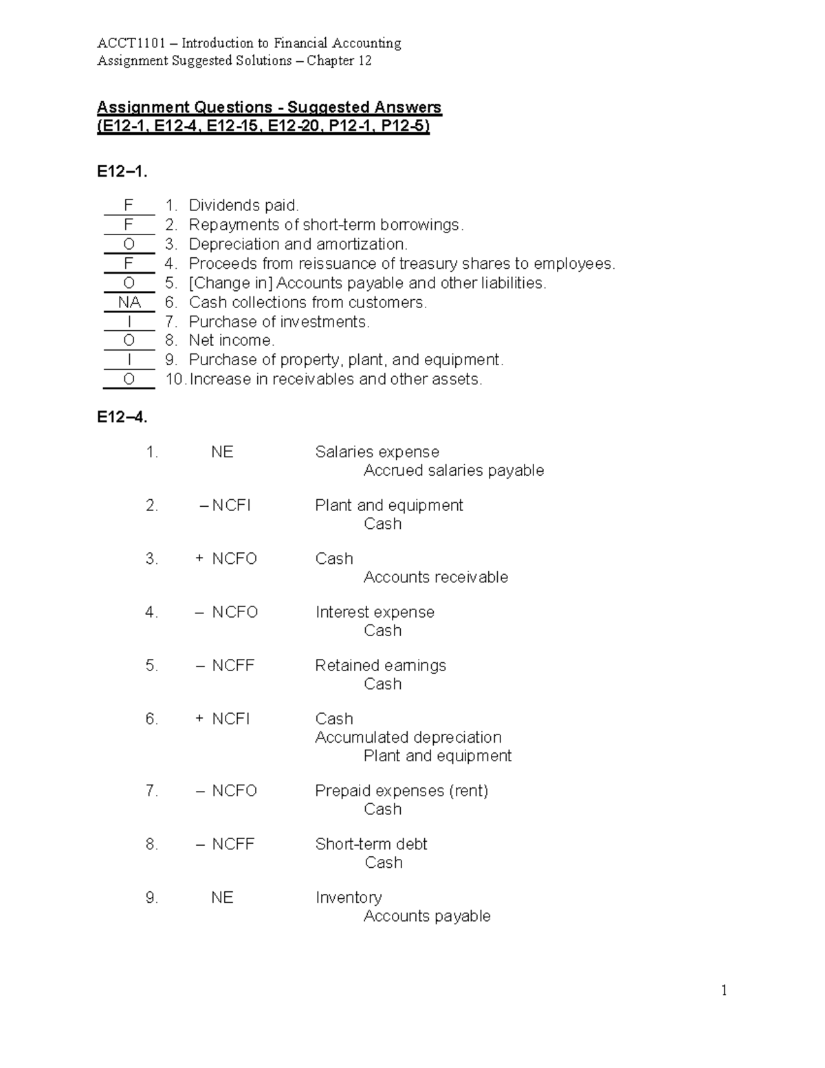 ACCT1101 Solution Chapter 12 - Assignment Suggested Solutions – Chapter ...