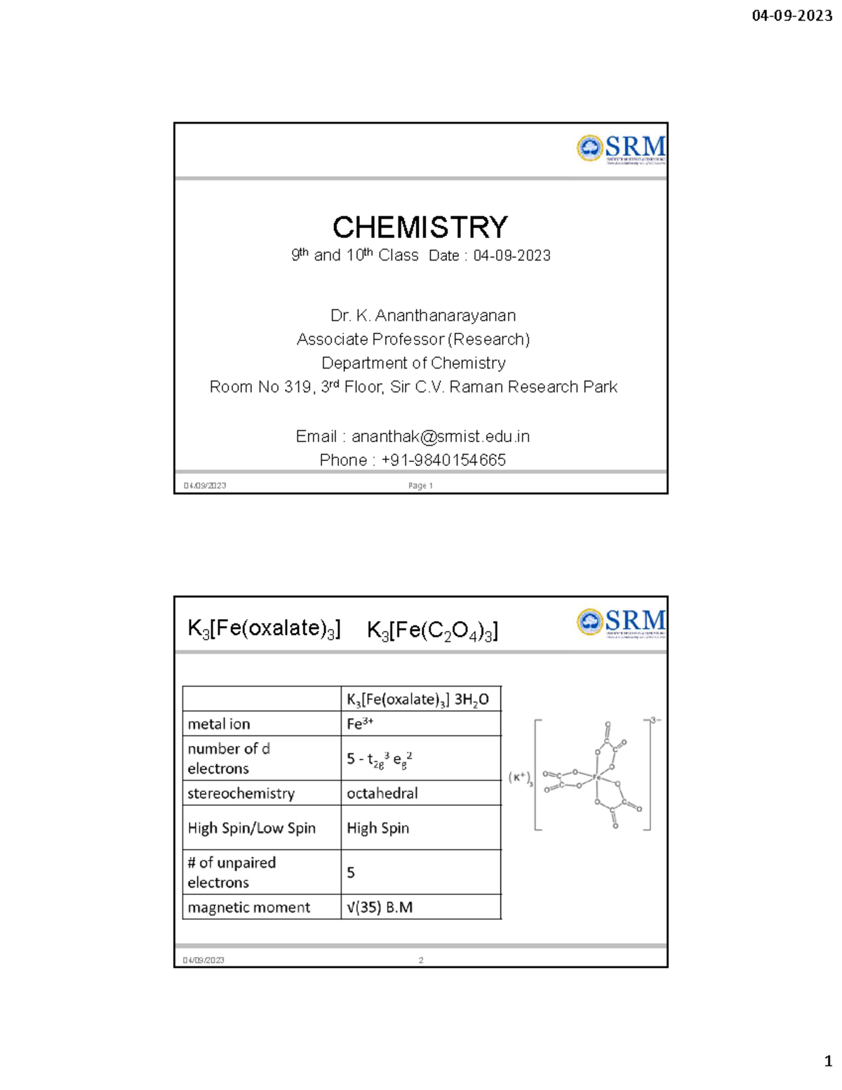 Lecture Handouts - Classes 9 and 10 - 04/09/2023 Page 1 Dr Dr. K ...