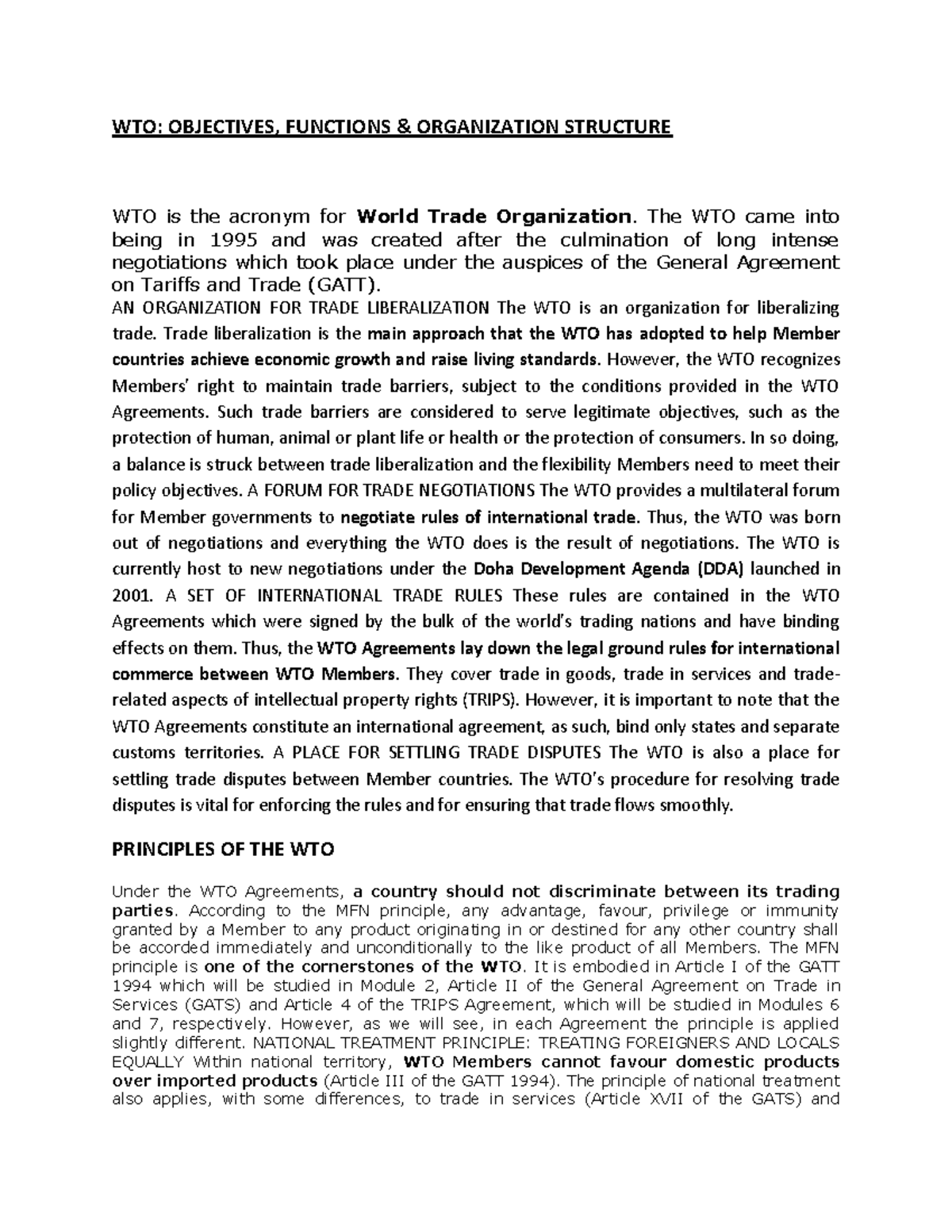 Notes for Ipu Trade Law - WTO: OBJECTIVES, FUNCTIONS & ORGANIZATION ...