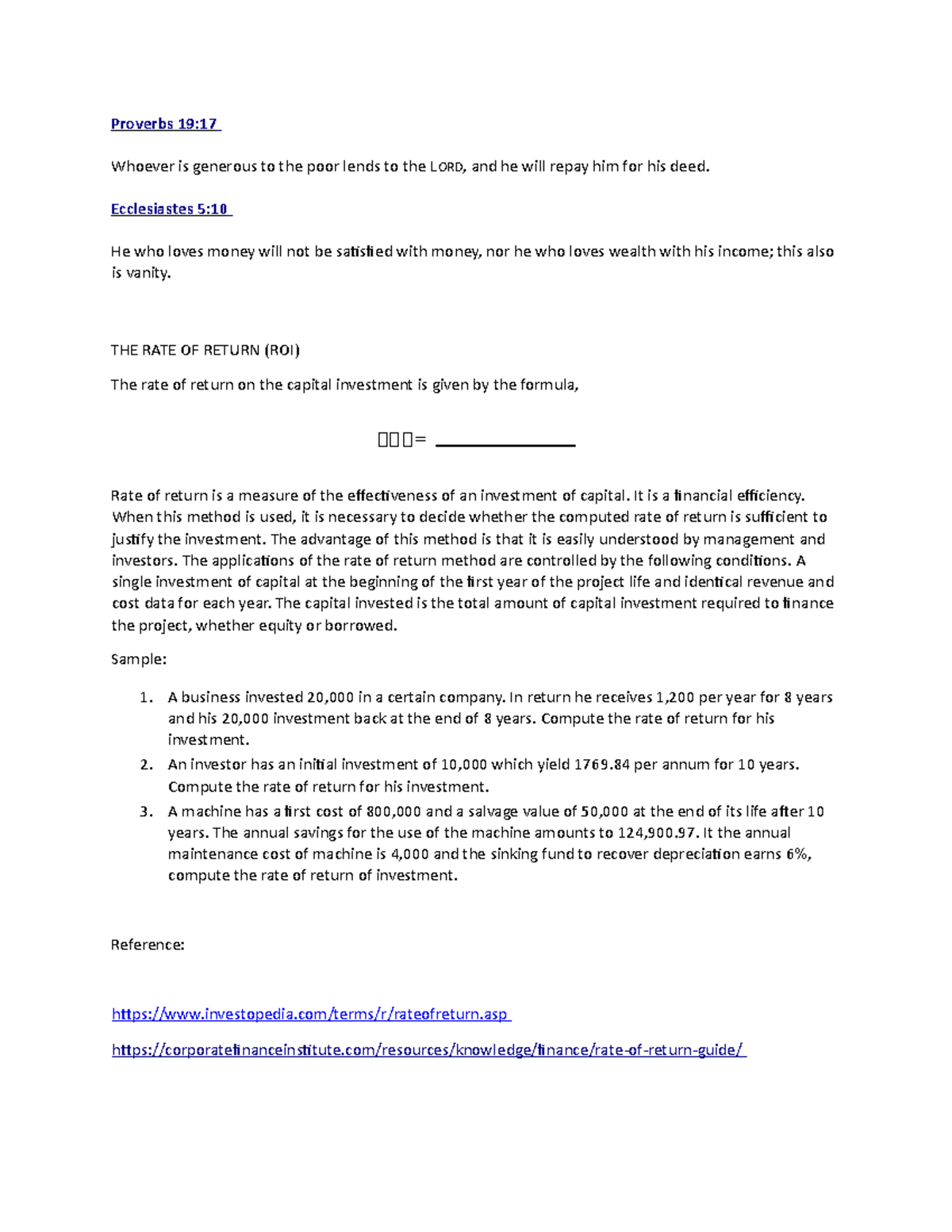 The Rate of Return - Proverbs 19: Whoever is generous to the poor lends ...