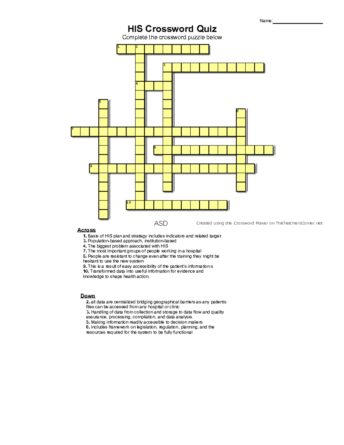 Crossword puzzle (1) - asdsadasd - HIS Crossword Quiz Complete the ...
