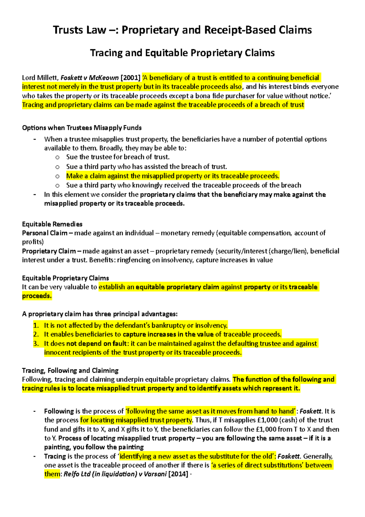 Trusts Week 5 Prepare - Trusts Law –: Proprietary and Receipt-Based ...