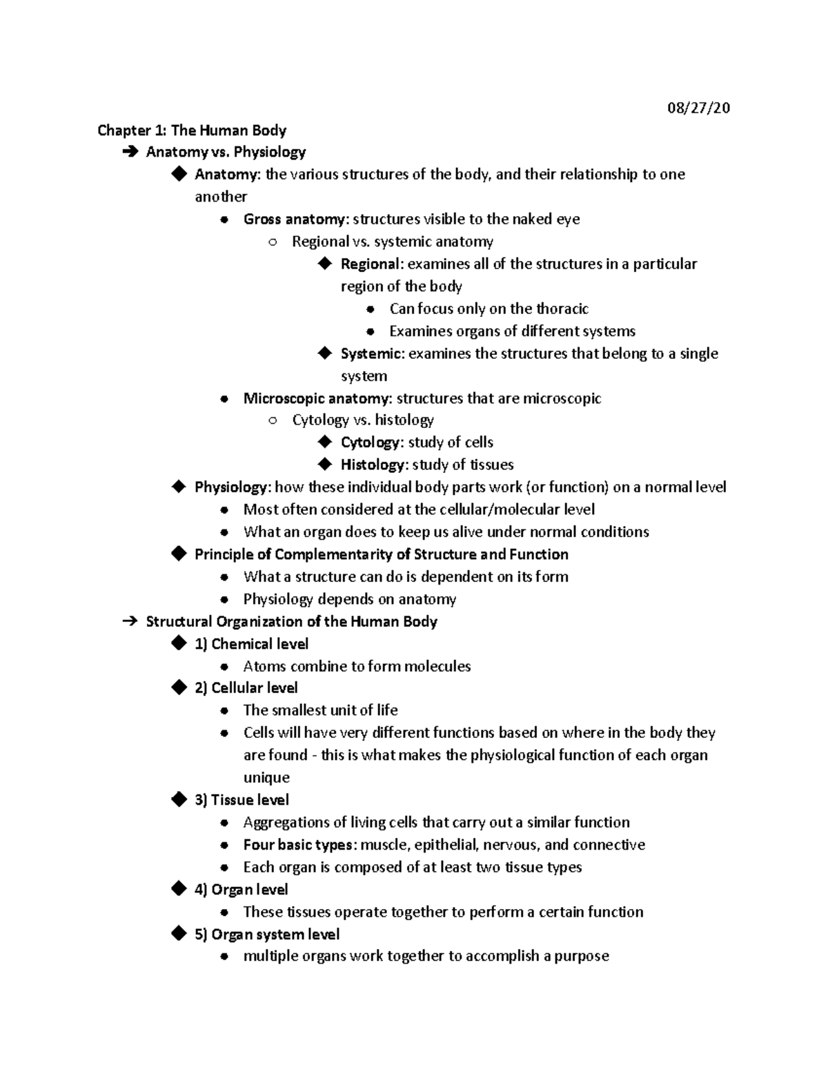 Bio 251 Exam 1 Notes - 08/27/ Chapter 1: The Human Body Anatomy vs ...