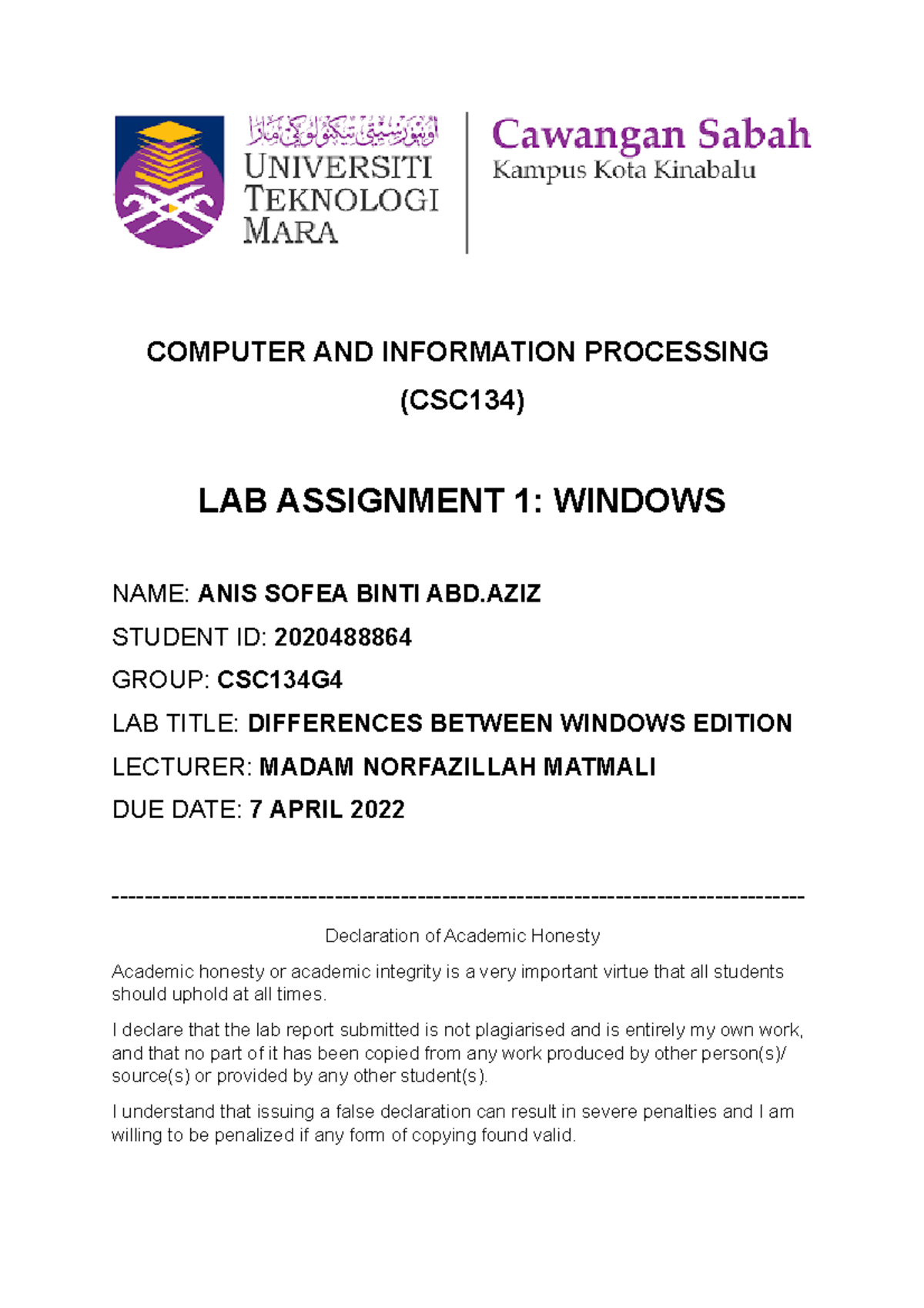 LAB Assignment 1 - Windows - COMPUTER AND INFORMATION PROCESSING ...
