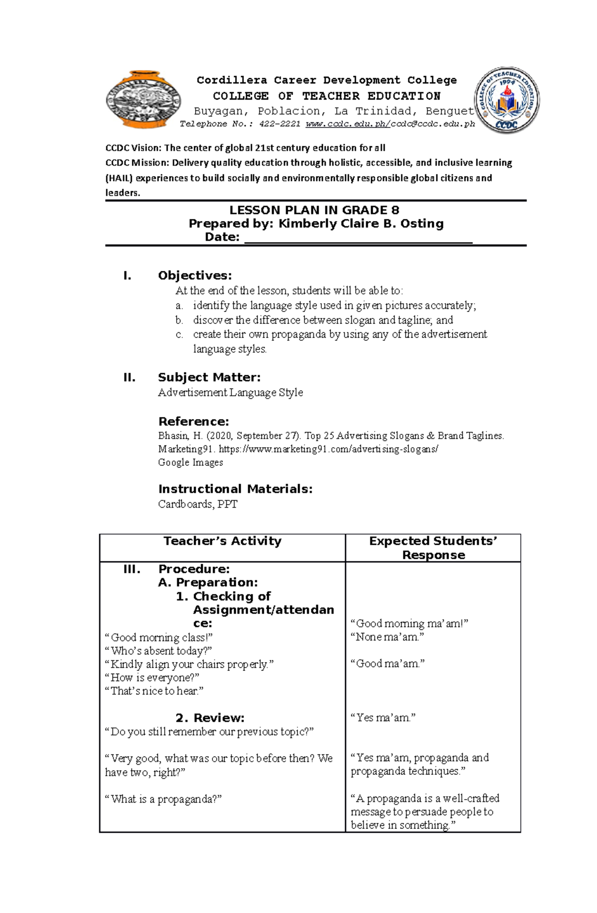 Grade 8 Advertisement Language Styles LP - EDUC - CCDC - Studocu