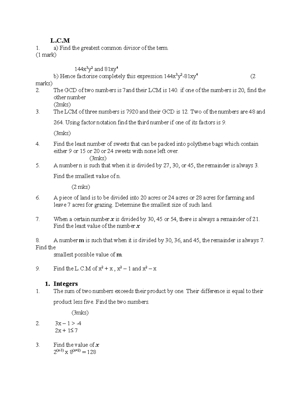 Mathematics-FORM-1- Revision- Booklet - L.C a) Find the greatest common ...