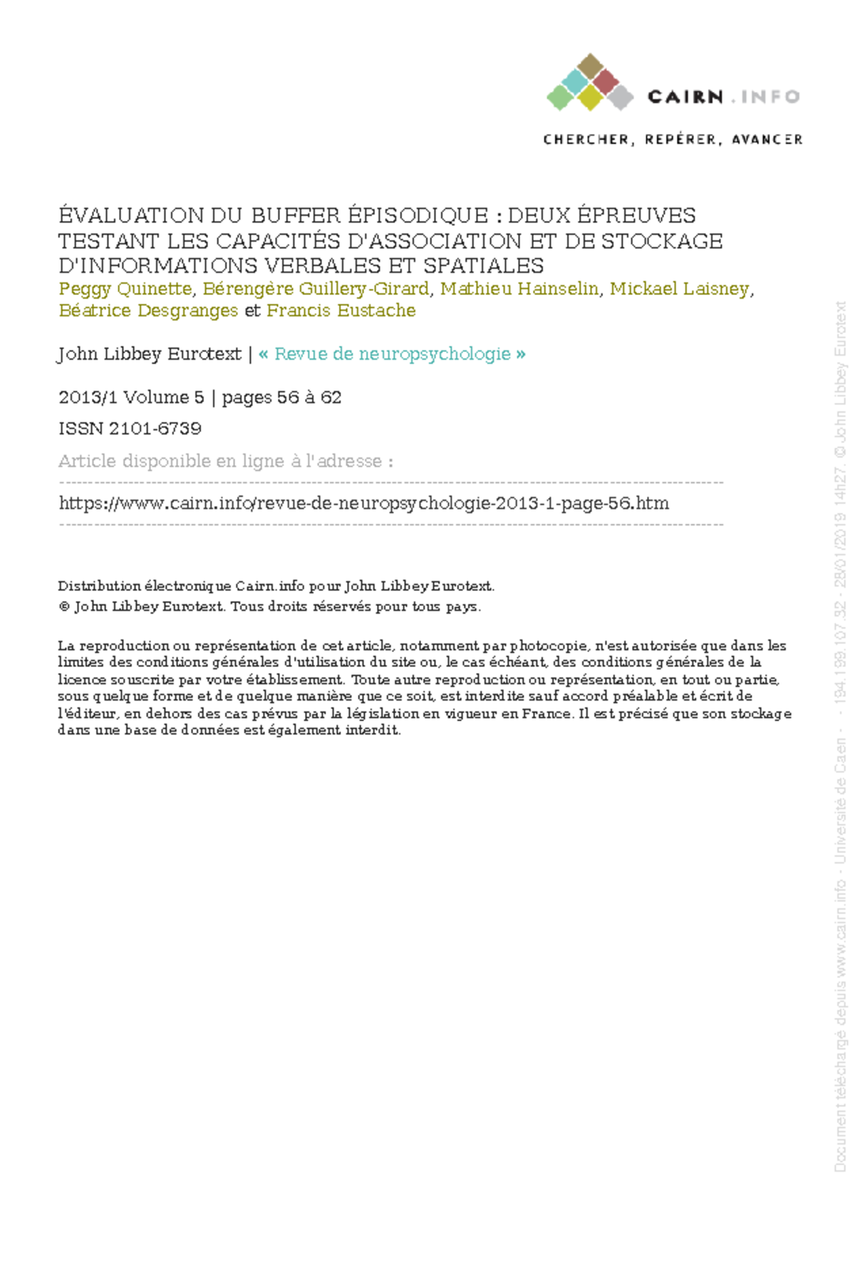 Quinette 2013 Buffer Episodique - ÉVALUATION DU BUFFER ÉPISODIQUE ...