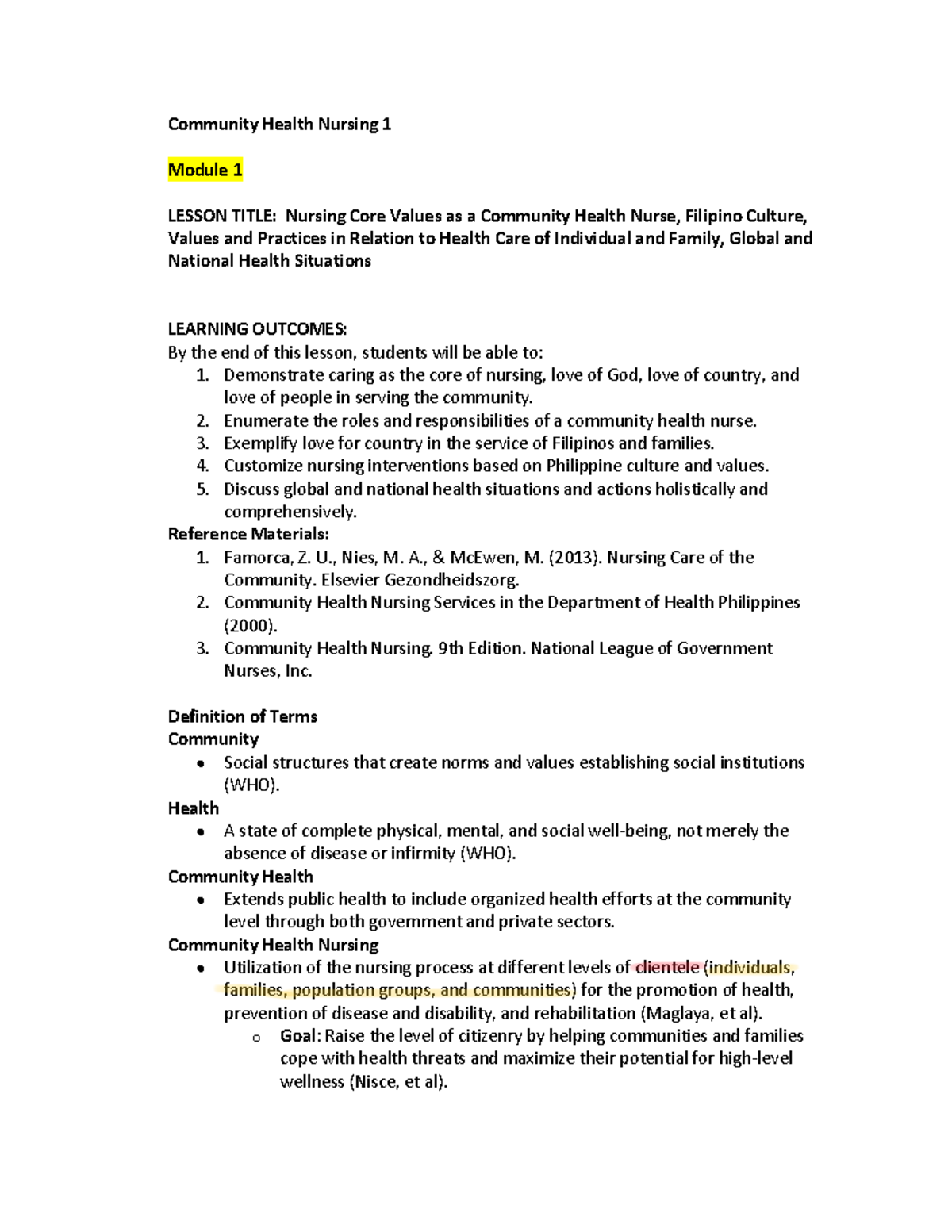 Summary of CHN Notes - None - Community Health Nursing 1 Module 1 ...