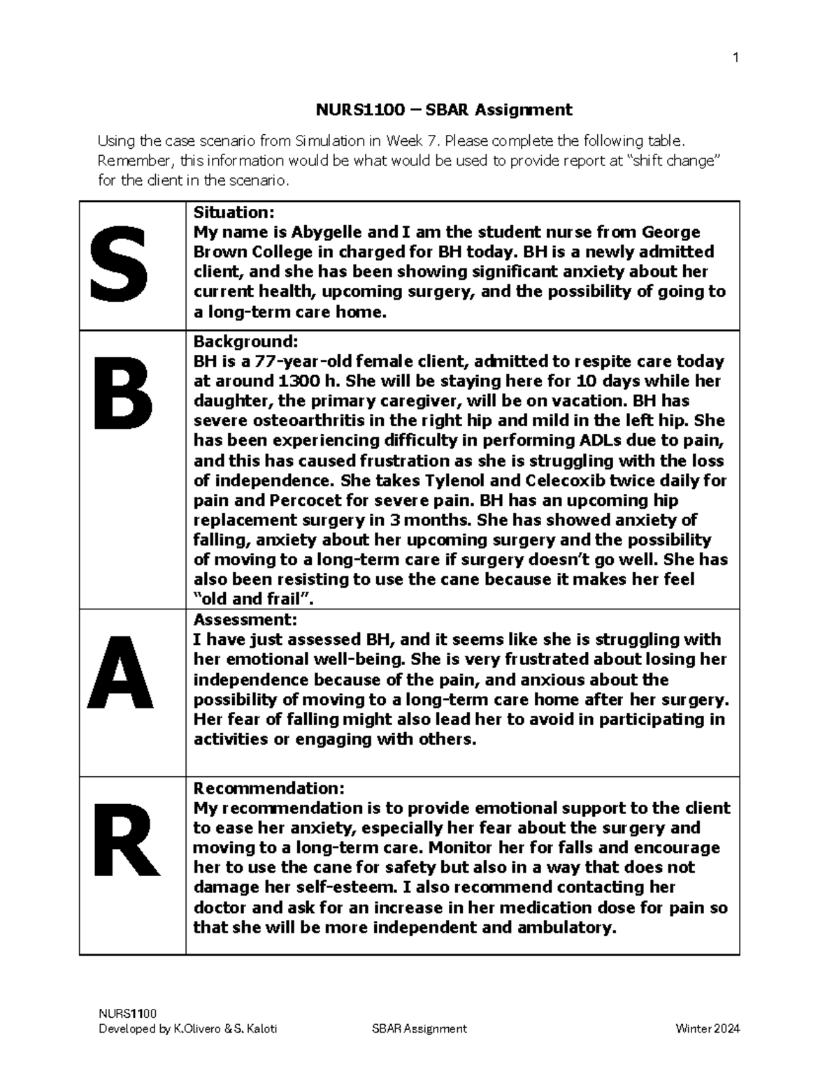 Abygelle Quillamor- SBAR - 1 NURS Developed by K & S. Kaloti SBAR ...