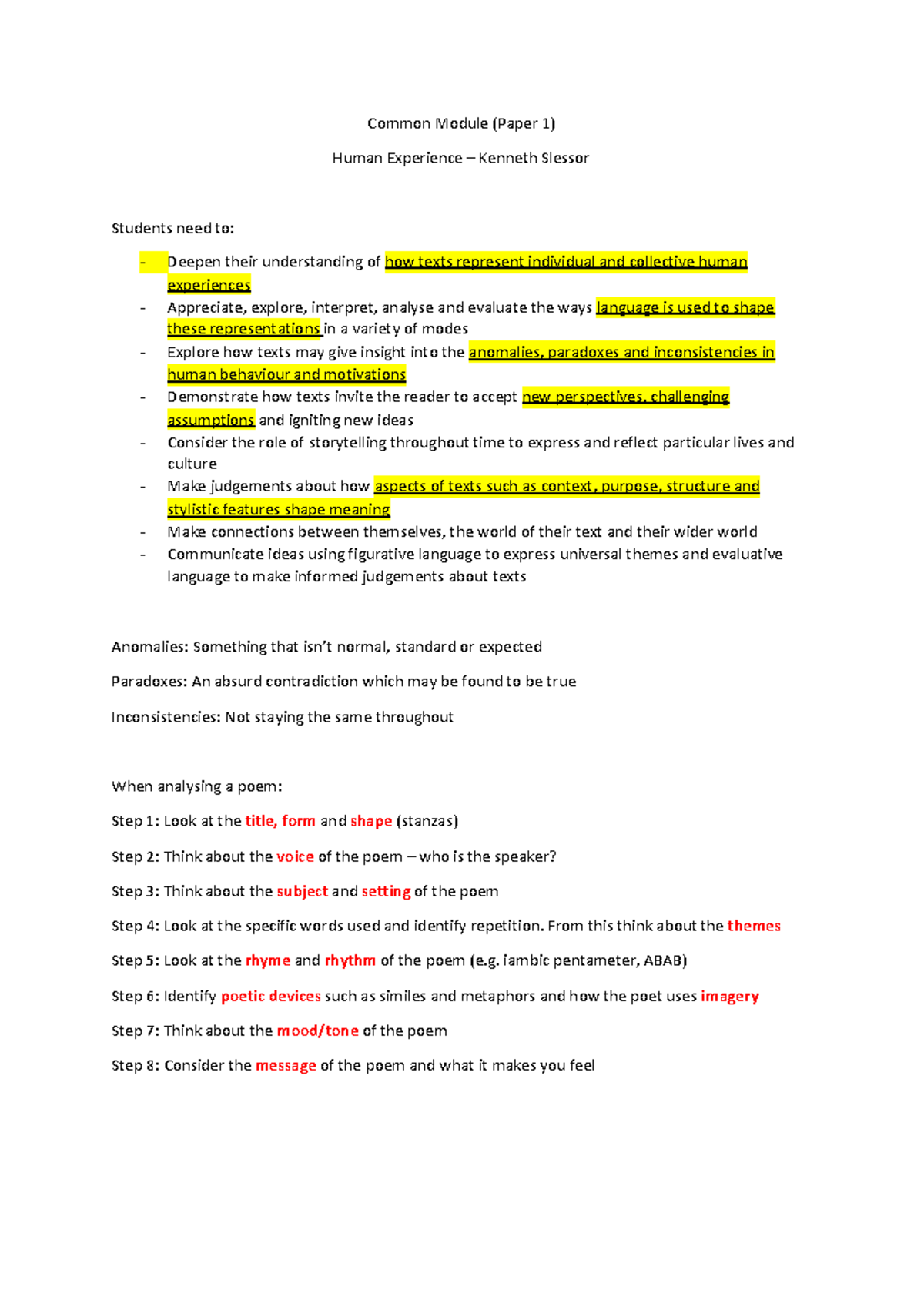 Notes on Common Module Kenneth Slessor - Human Experiences - Common ...
