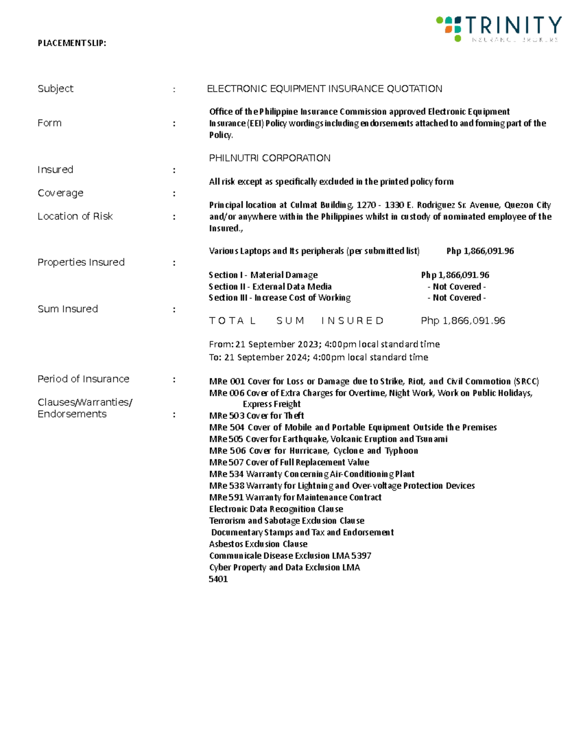 EEI - Philnutri CORP-2022-2023 - PLACEMENT SLIP: Subject : ELECTRONIC ...