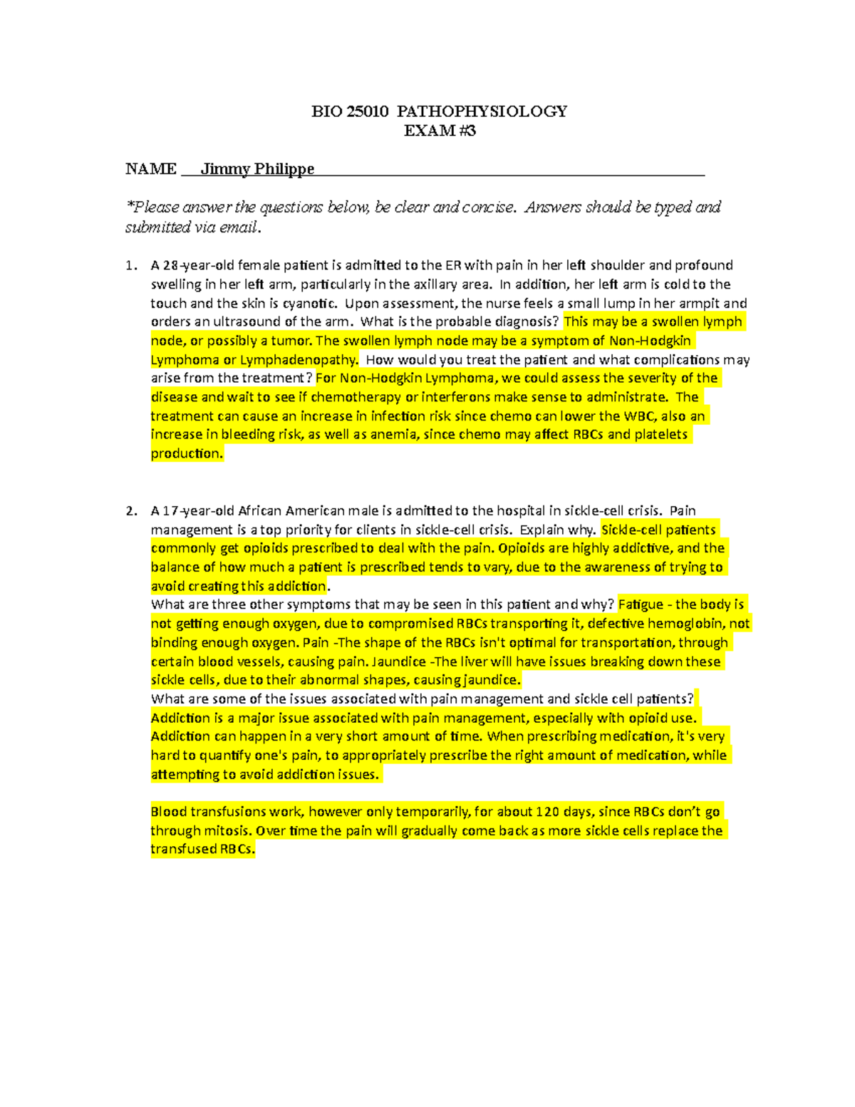 BIO 250 10, exam #3, spring 2023 JP - BIO 25010 PATHOPHYSIOLOGY EXAM ...