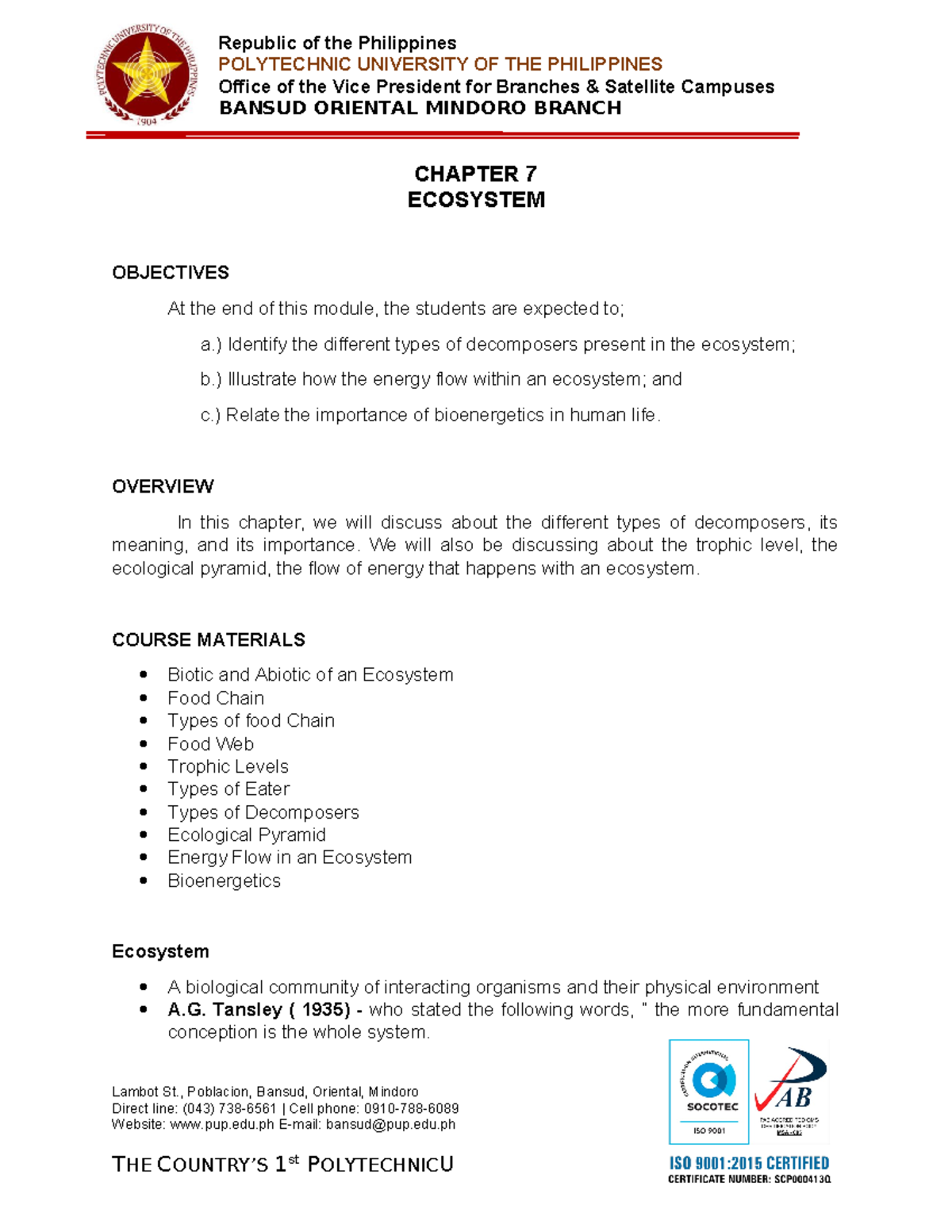 Chapter-7-ecosystem - Ecosystem - POLYTECHNIC UNIVERSITY OF THE ...