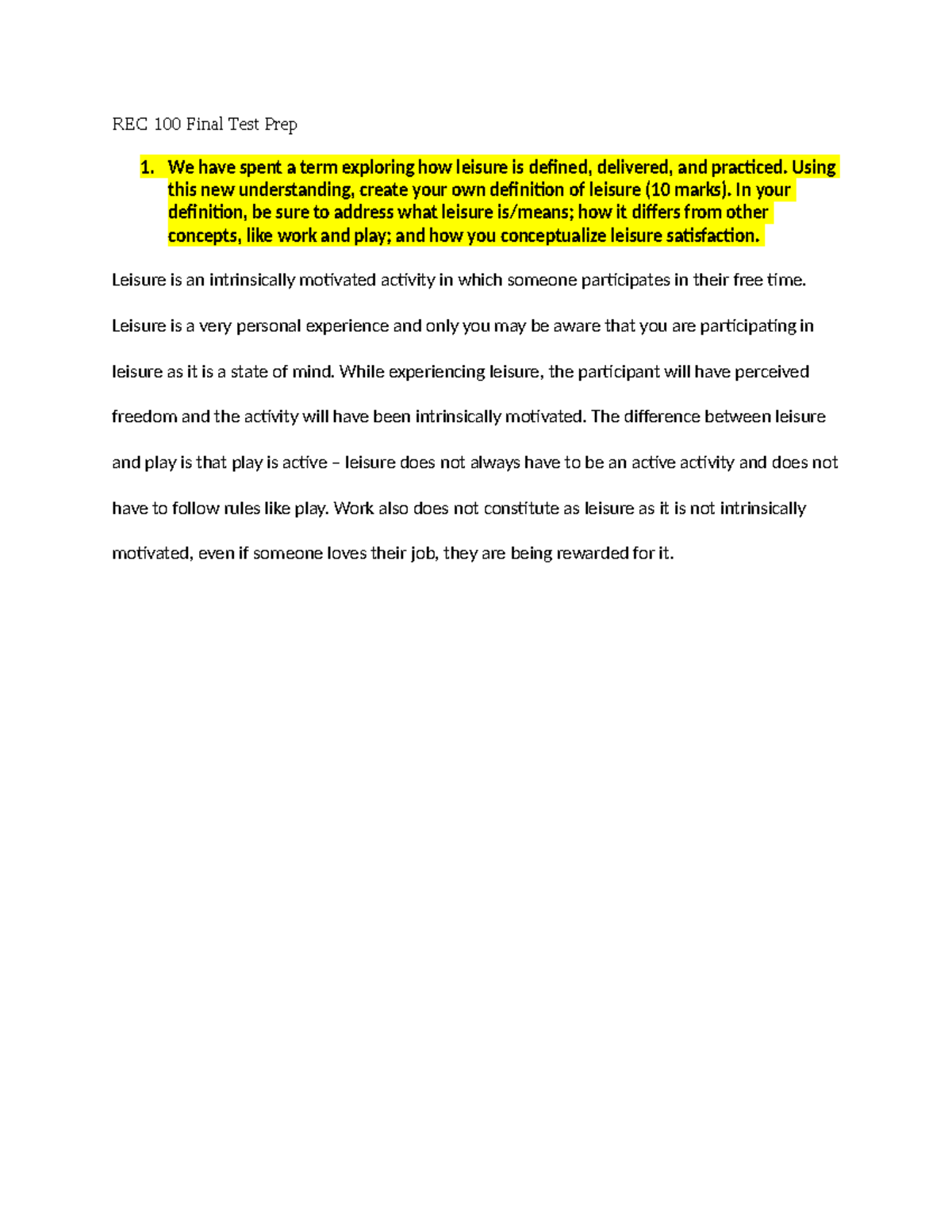 REC 100 Final Test Prep - summary - REC 100 Final Test Prep We have ...